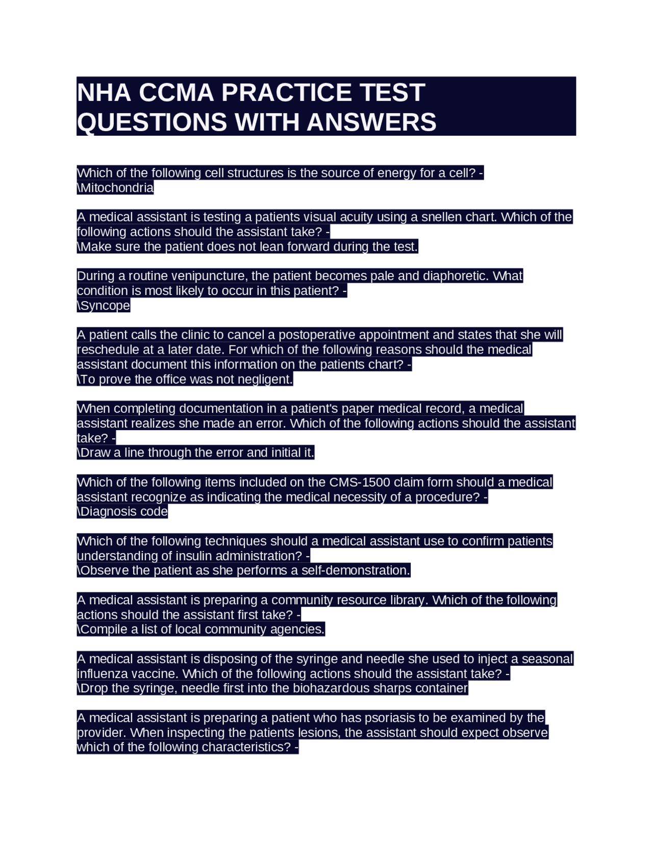 NHA CCMA PRACTICE TEST QUESTIONS WITH ANSWERS | Exams Clinical Medicine ...