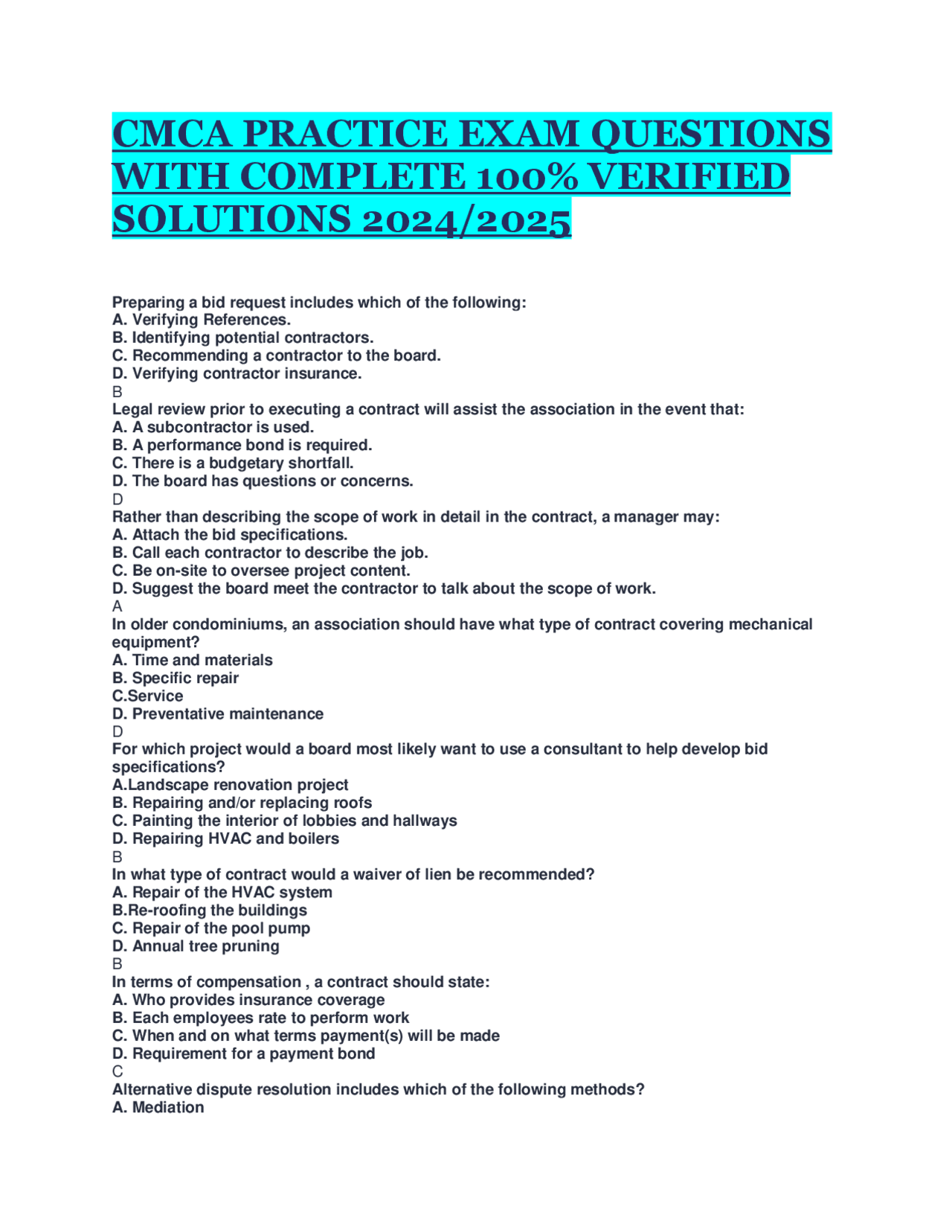 CMCA PRACTICE EXAM QUESTIONS WITH COMPLETE 100% VERIFIED SOLUTIONS 2024 ...
