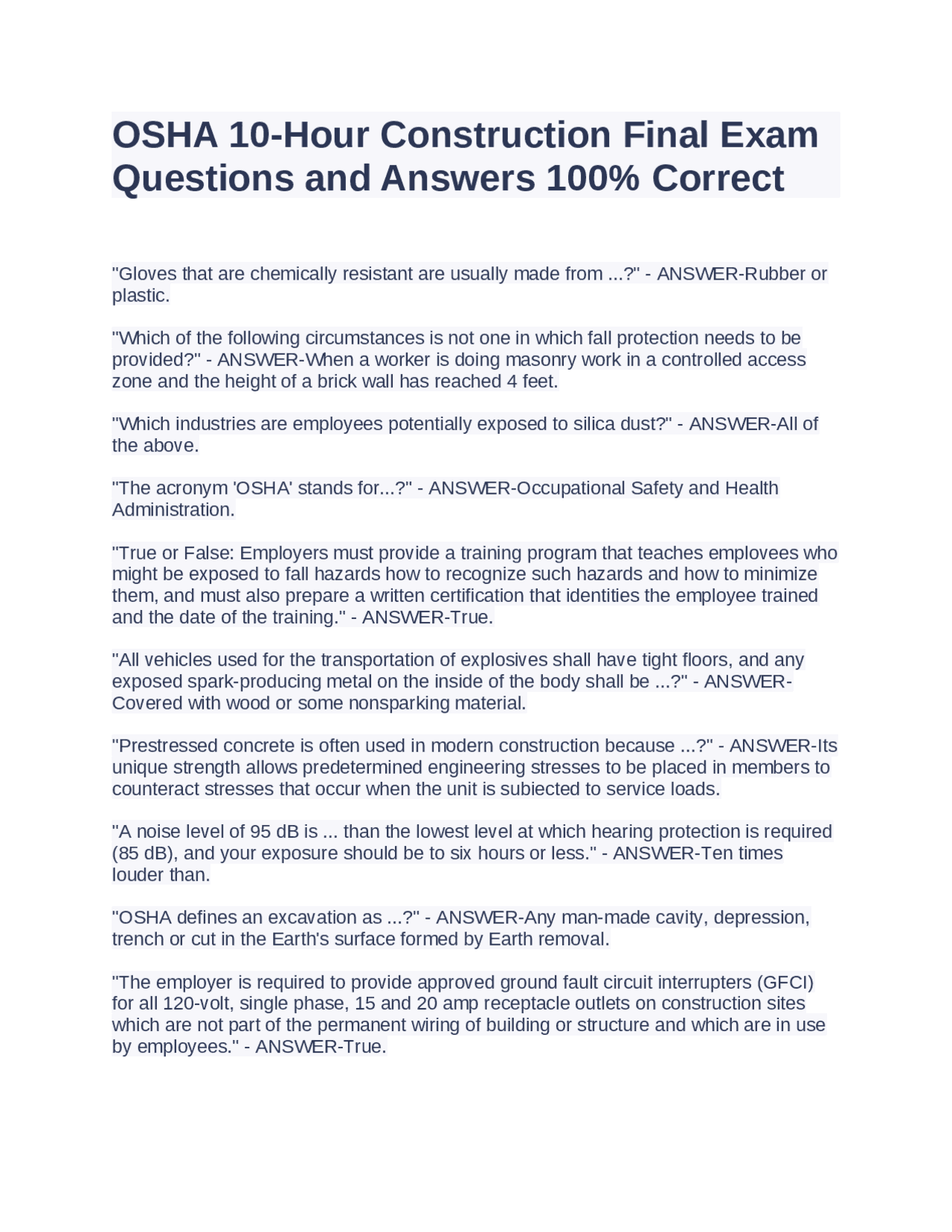 OSHA 10-Hour Construction Final Exam Questions and Answers 100% Correct ...