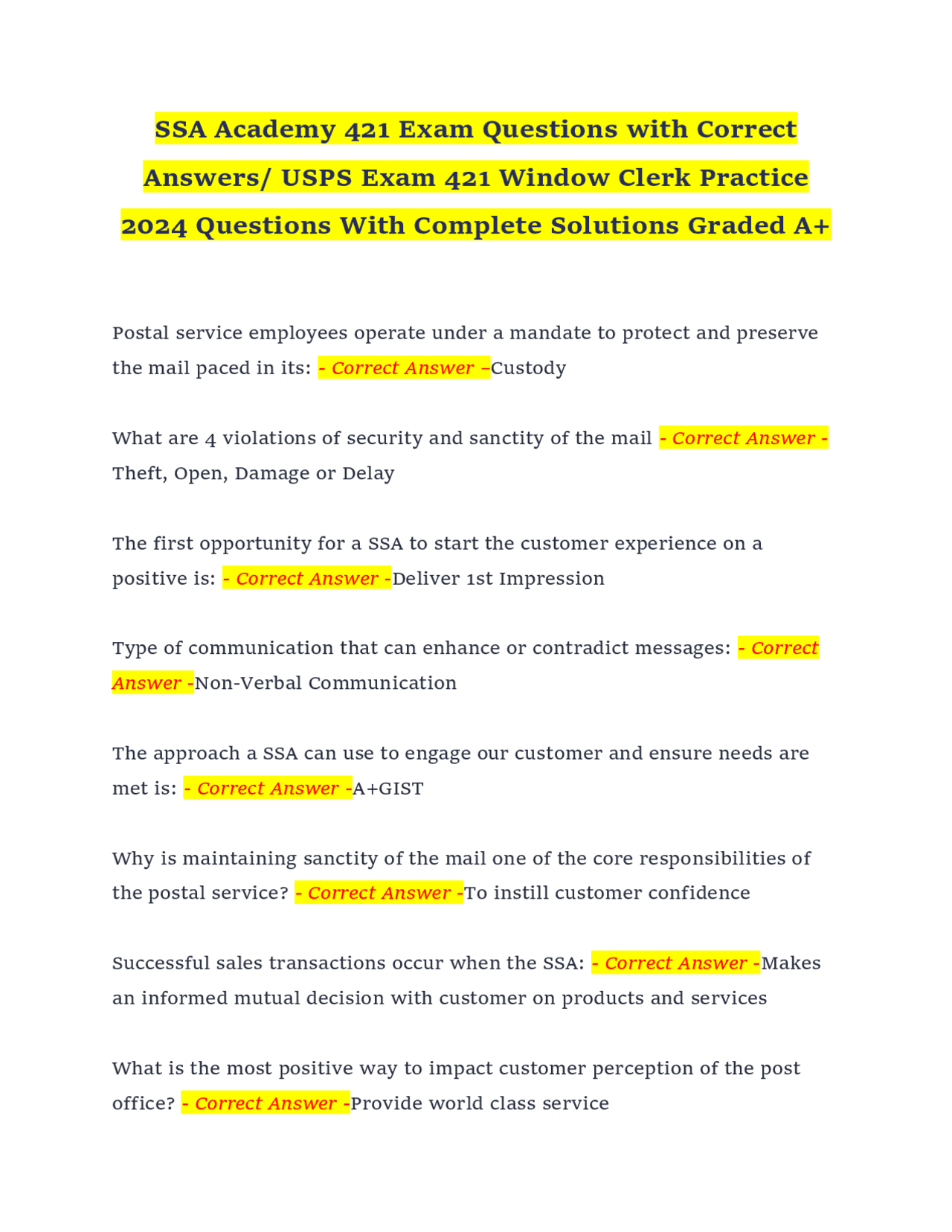 SSA Academy 421 Exam Questions with Correct Answers | Exams Nursing ...