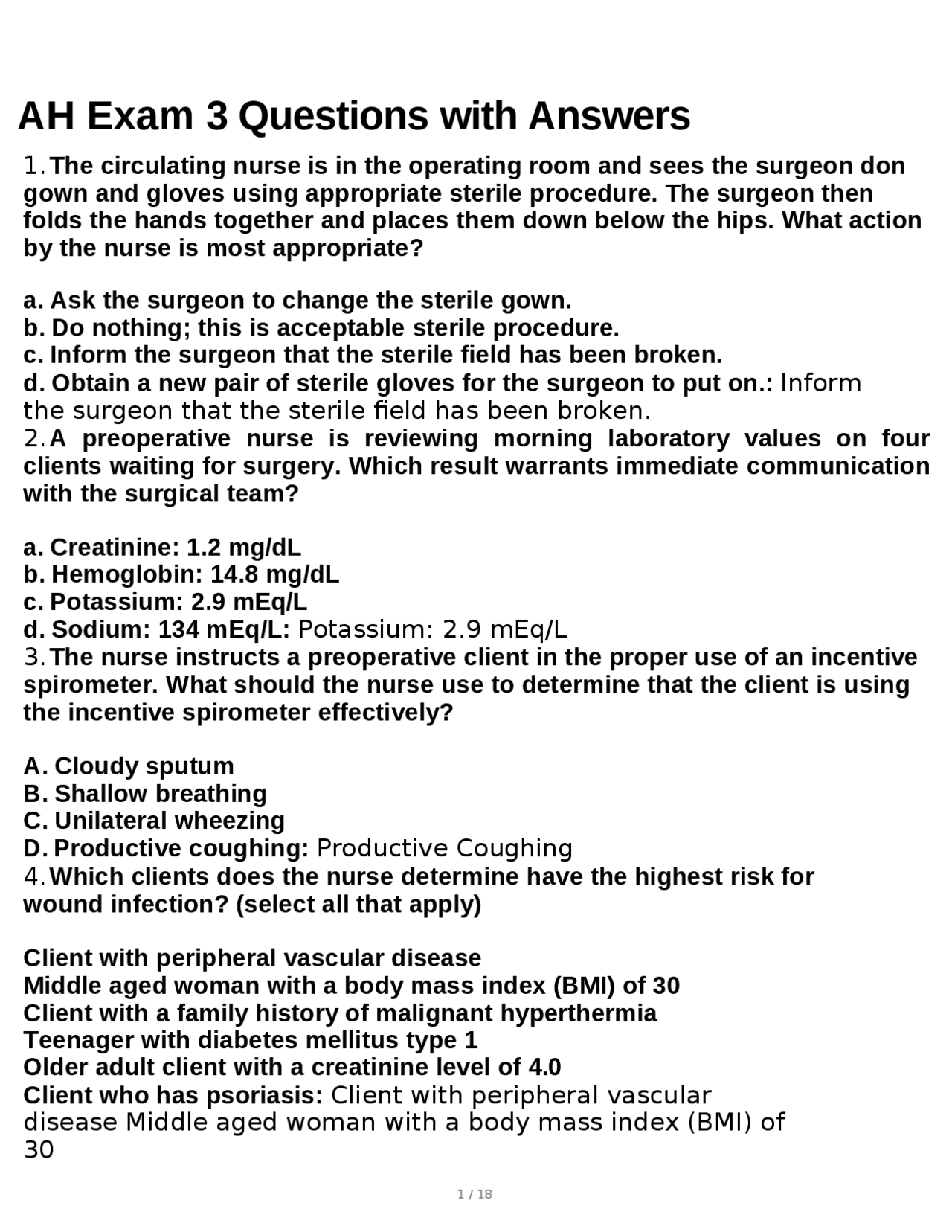 AH Exam 3 Questions with Answers | Exams Nursing | Docsity