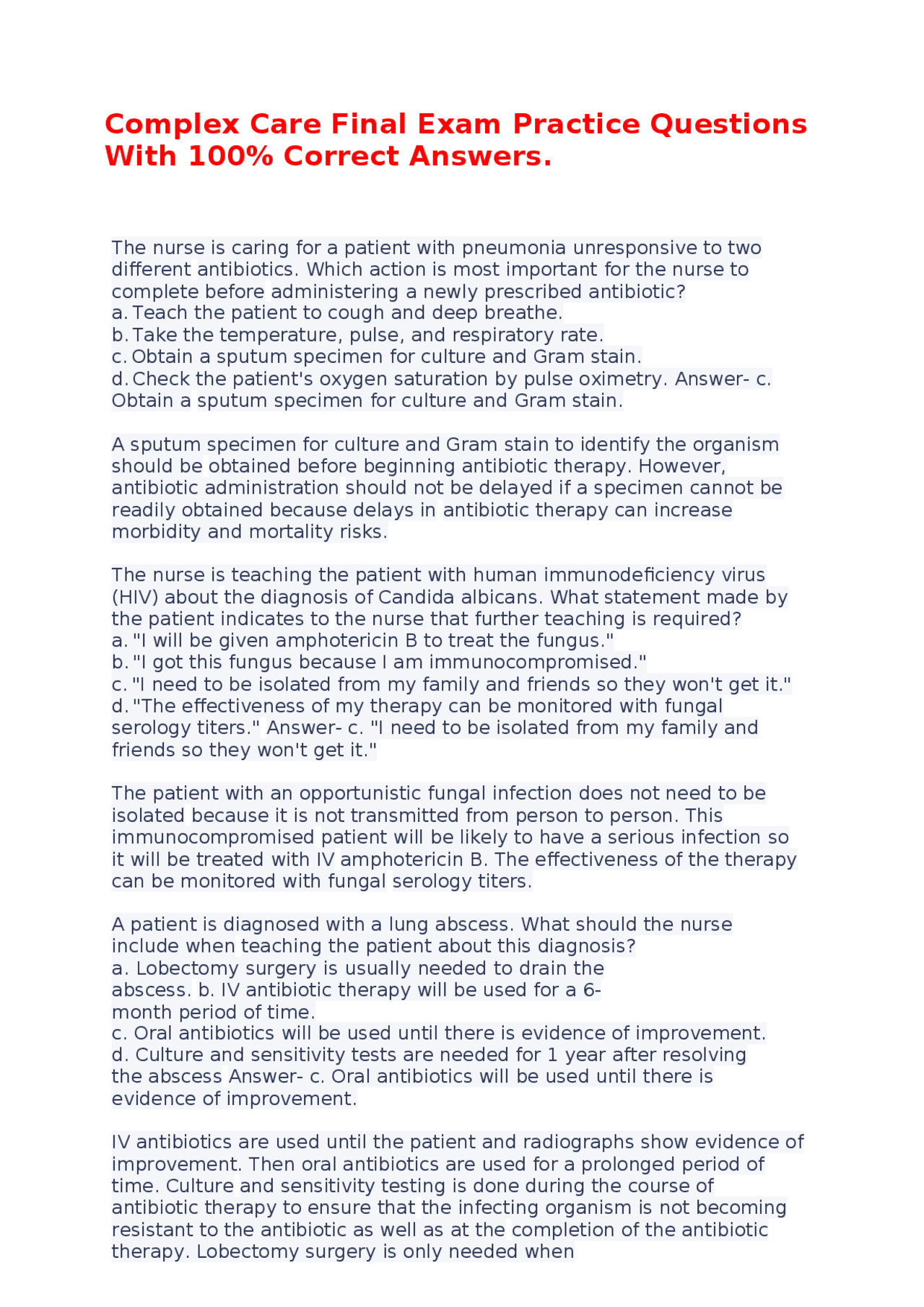 Complex Care Final Exam Practice Questions With 100% Correct Answers ...