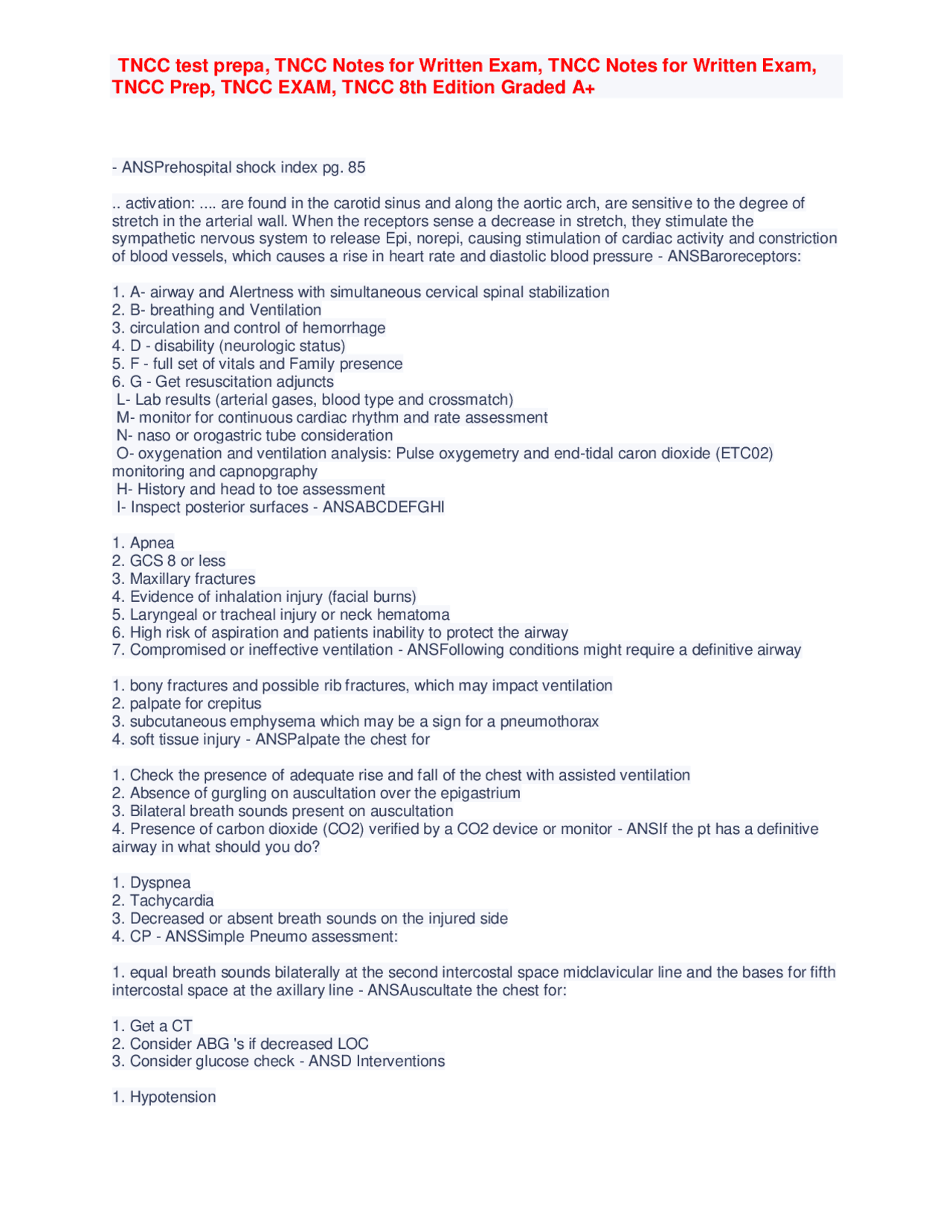 TNCC test prepa, TNCC Notes for Written Exam, TNCC Notes for Written ...