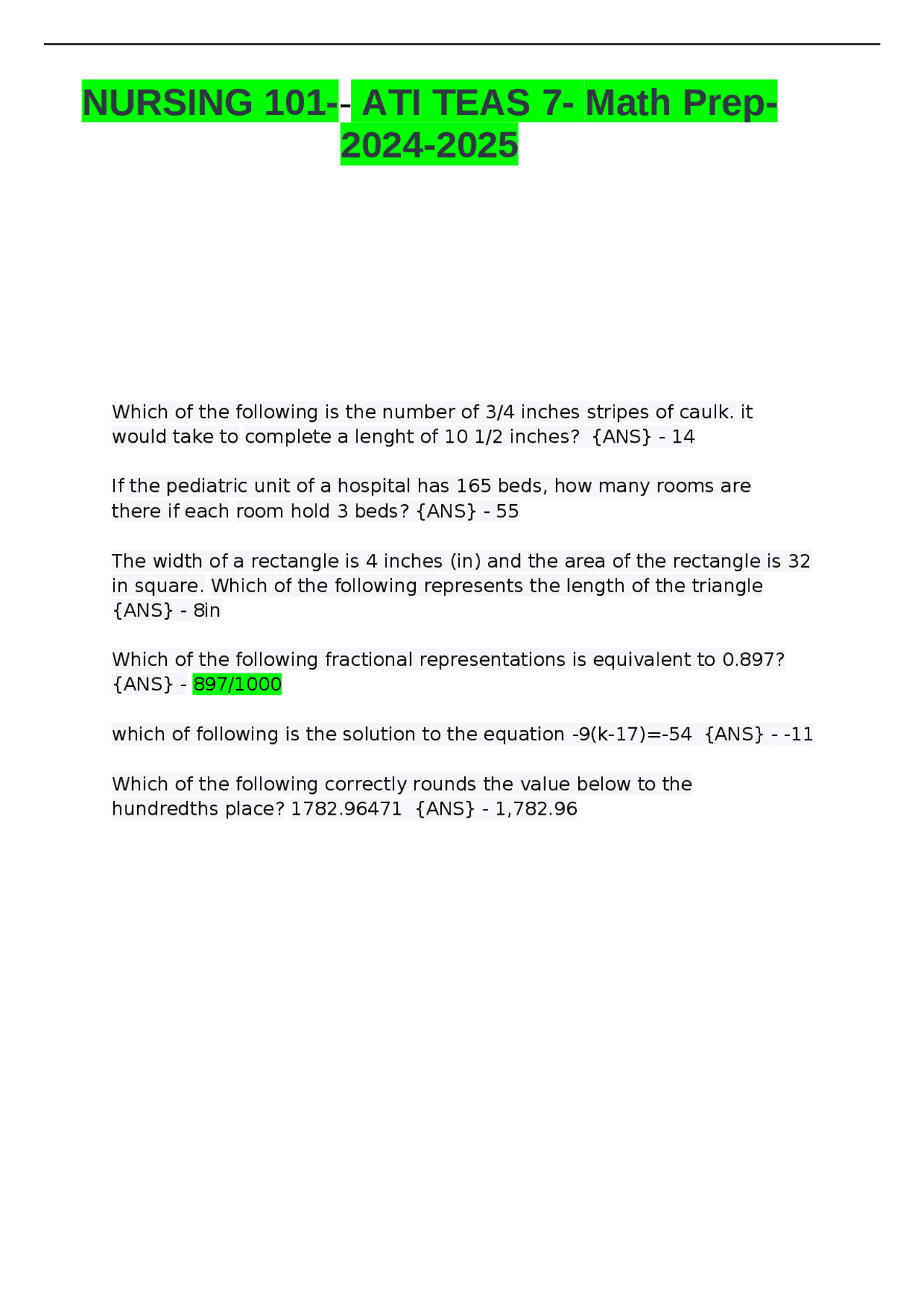 NURSING 101-- ATI TEAS 7- Math Prep-2024-2025.docx | Exams Nursing ...