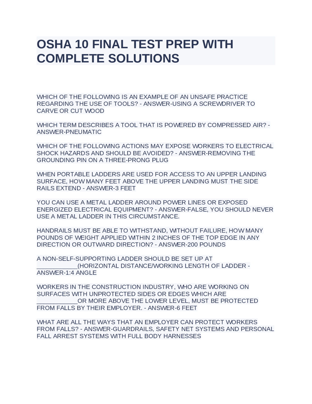 OSHA 10 FINAL TEST PREP WITH COMPLETE SOLUTIONS | Exams Workplace ...