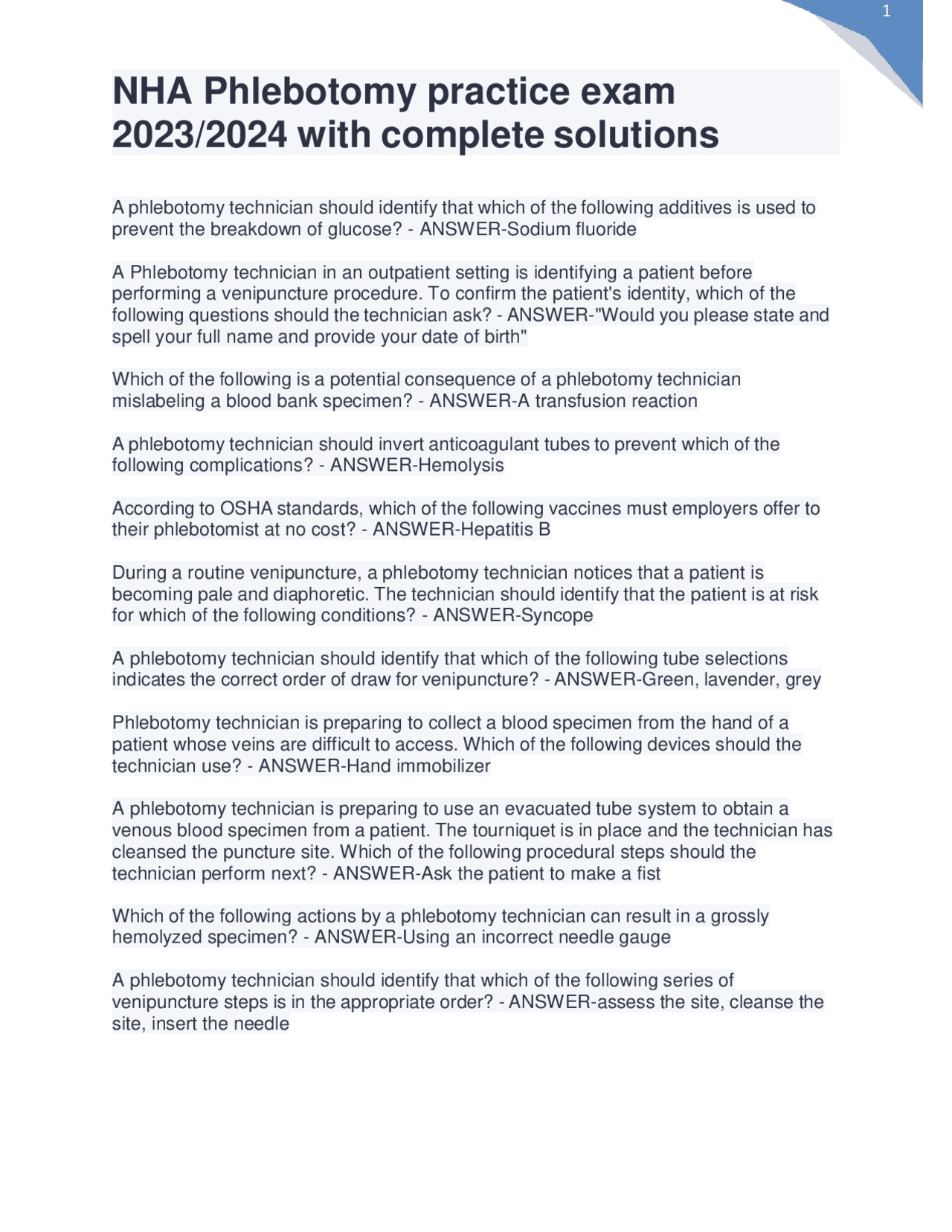 NHA Phlebotomy practice exam 2023/2024 with complete solutions | Exams ...