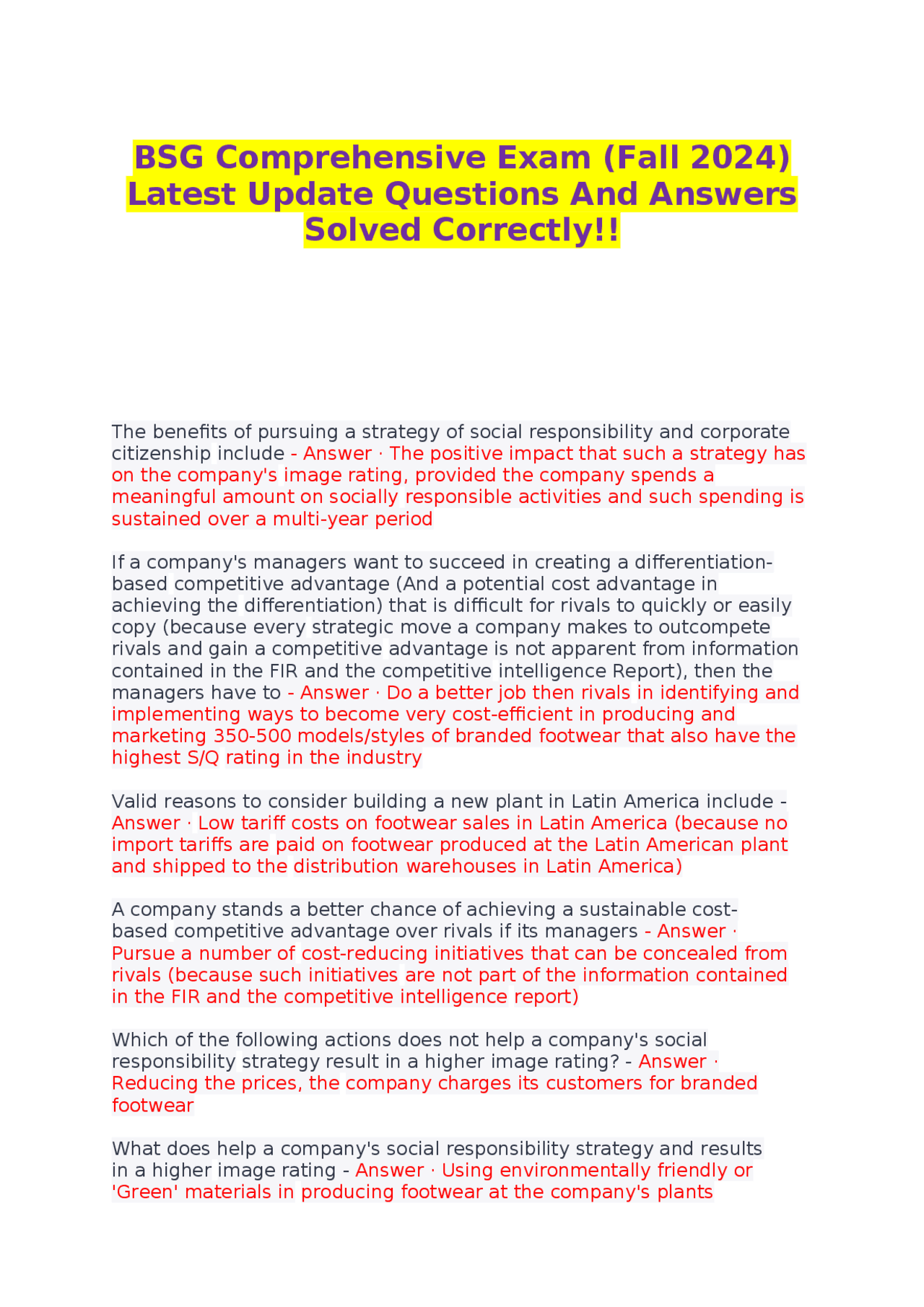 BSG Comprehensive Exam (Fall 2024) Latest Update Questions And Answers ...