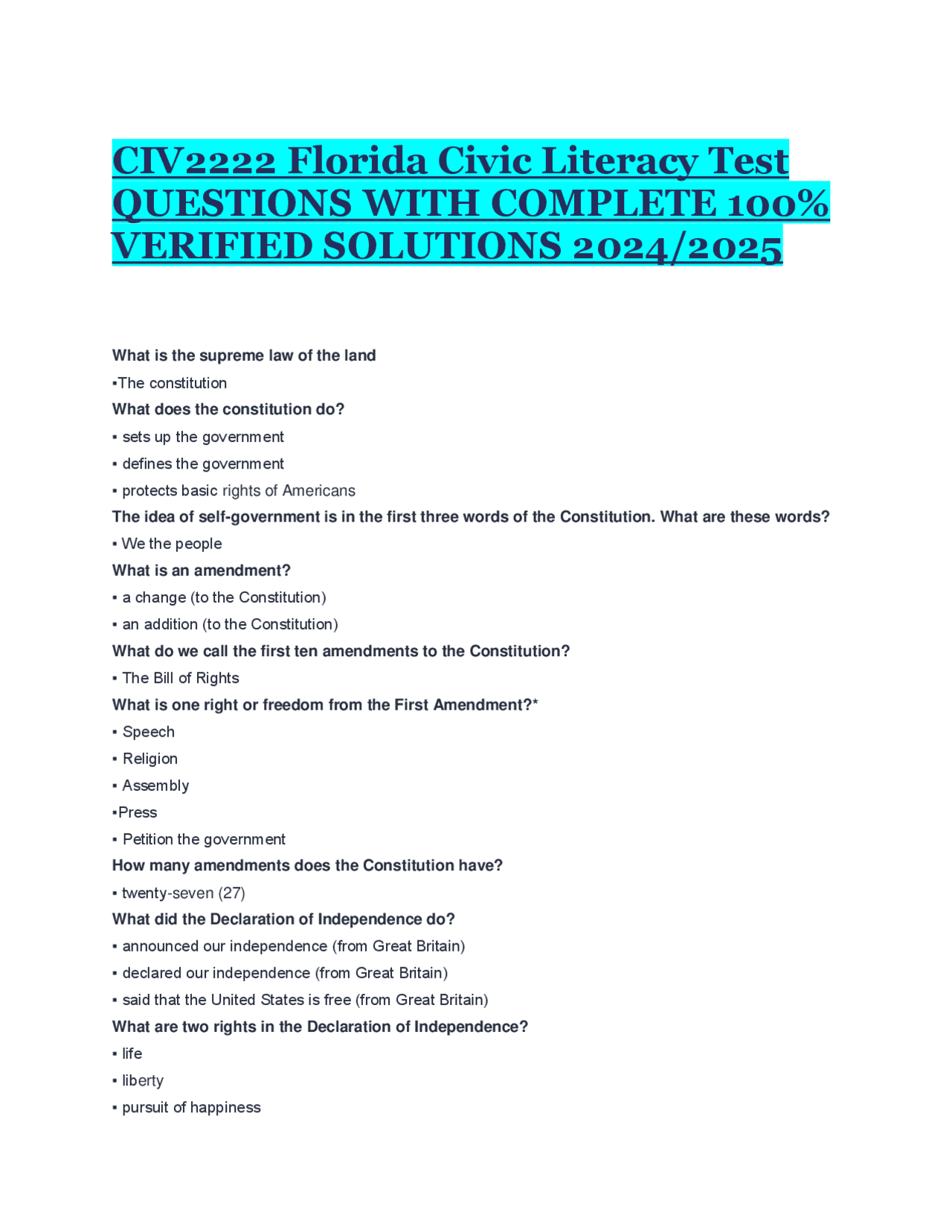 CIV2222 Florida Civic Literacy Test QUESTIONS WITH COMPLETE 100% ...