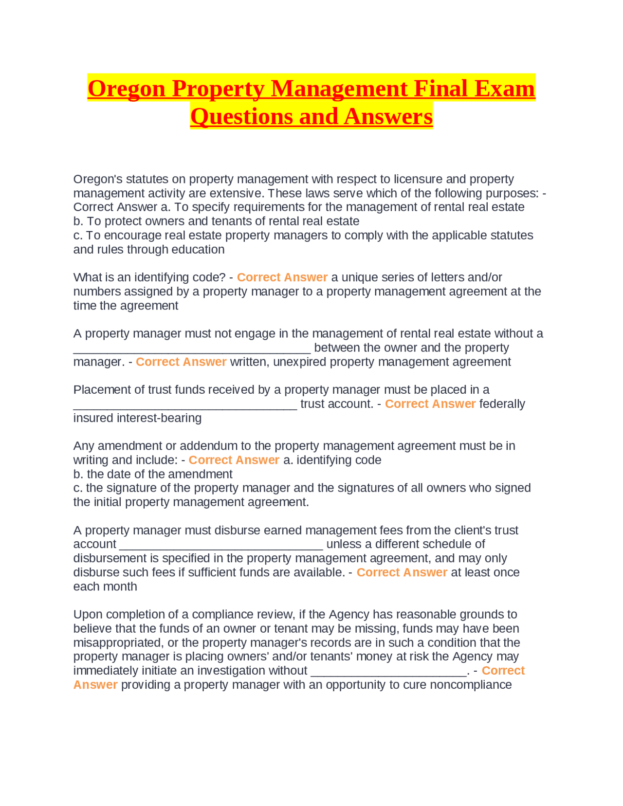 Property management license Comprehensive Questions with Answers 100% ...