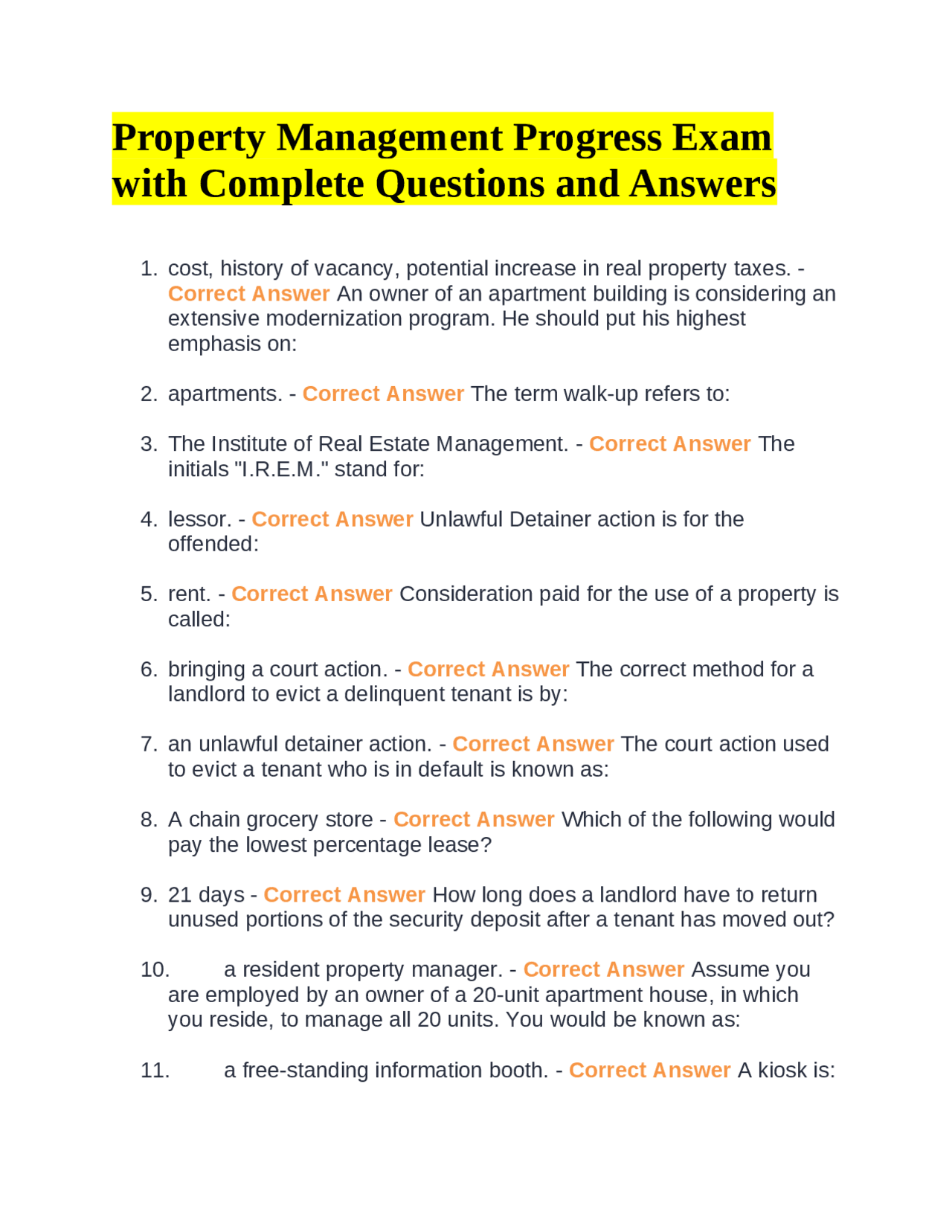 Property Management Progress Exam with Complete Questions and Answers ...