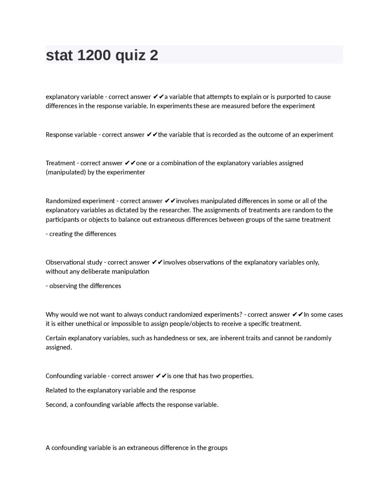 stat 1200 quiz 2 with verified answers rated A+ | Exams Nursing | Docsity