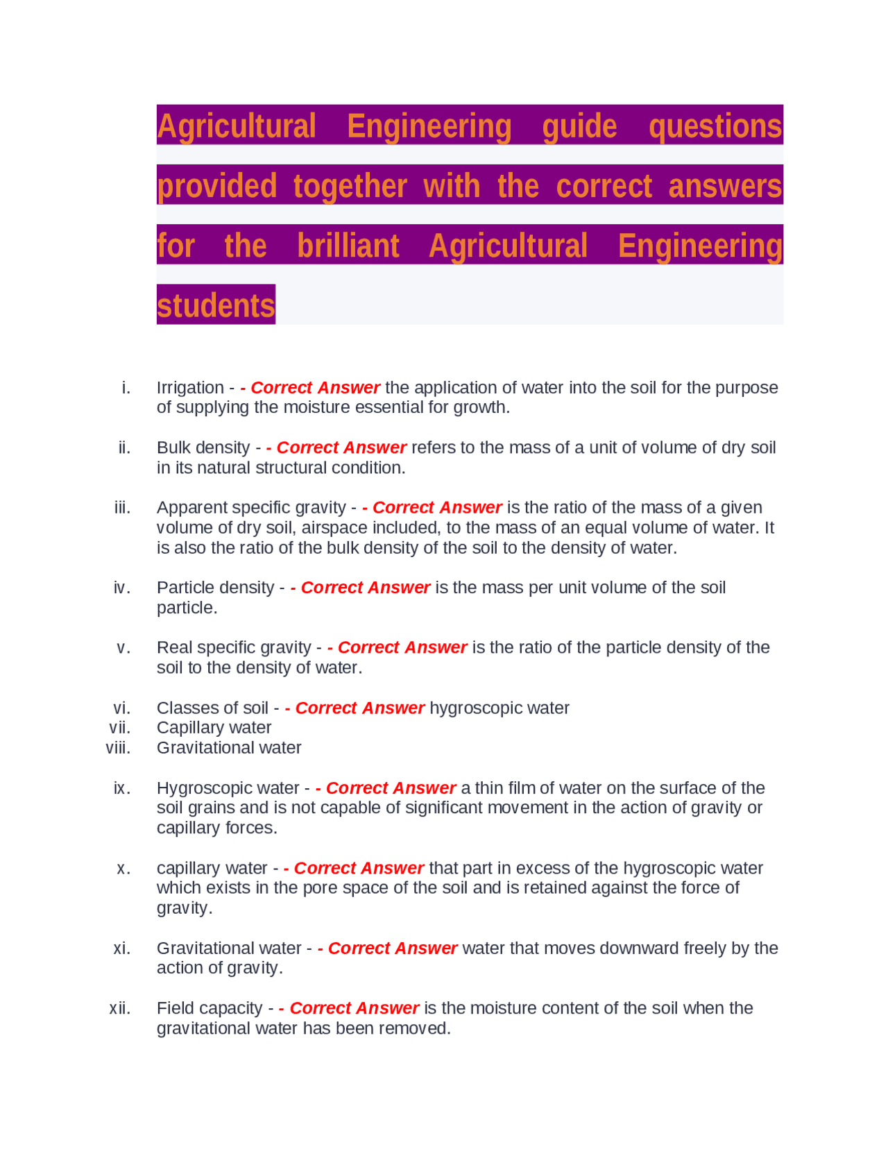 Agricultural Engineering guide questions provided together with the ...