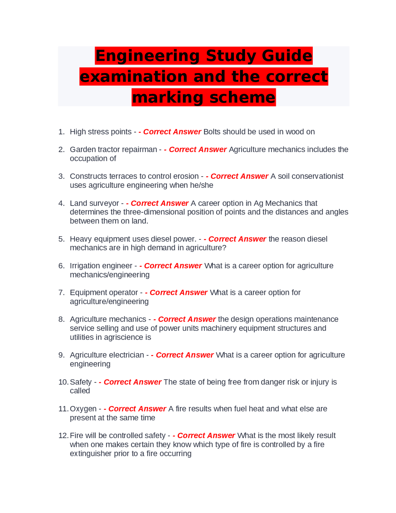 Engineering Study Guide examination and the correct marking scheme | Exams Agricultural ...