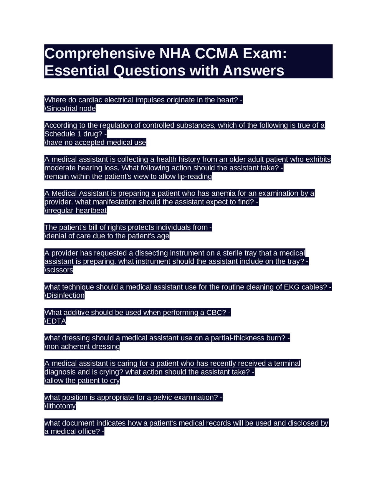 Comprehensive NHA CCMA Exam: Essential Questions with Answers | Exams ...