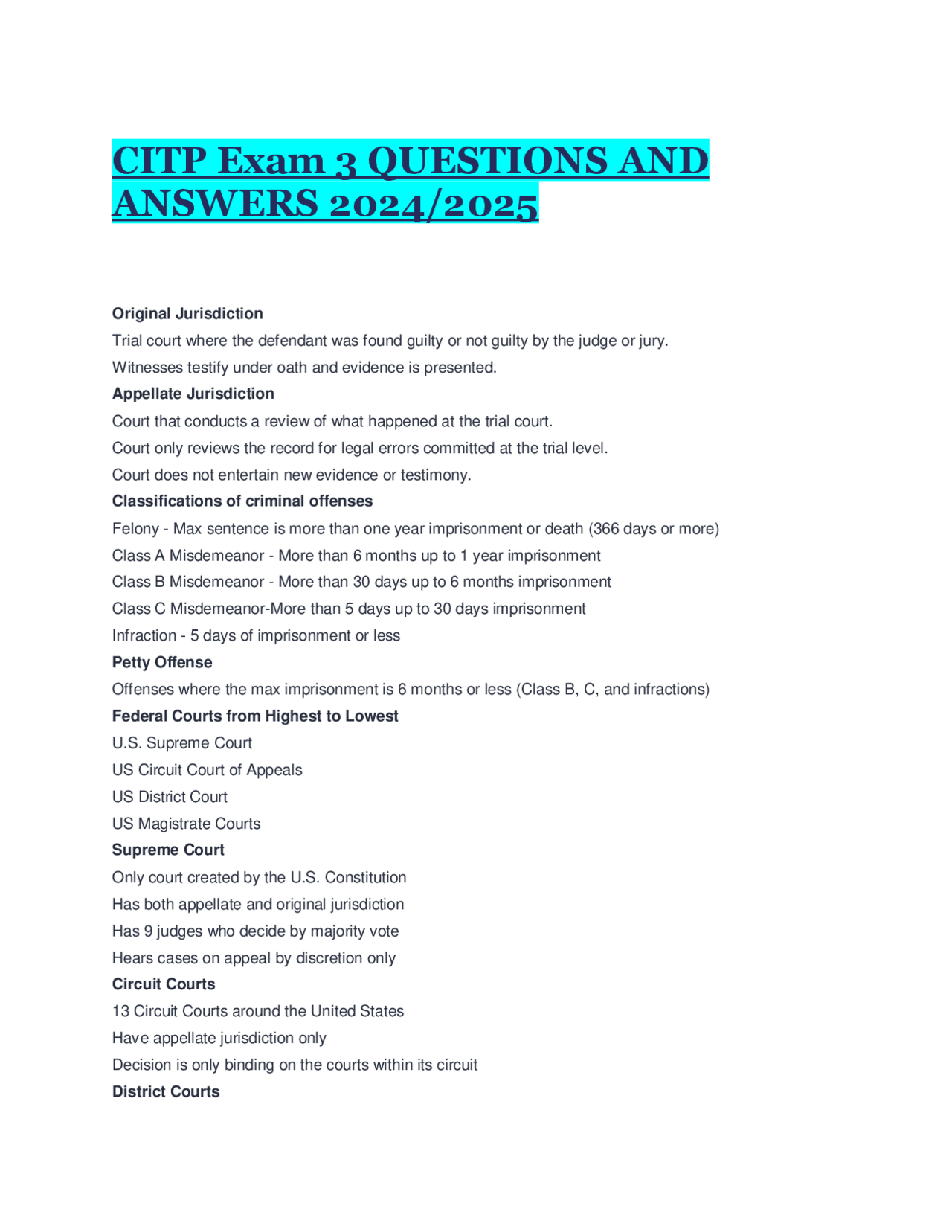 CITP Exam 3 QUESTIONS AND ANSWERS 2024/2025 | Exams Law | Docsity