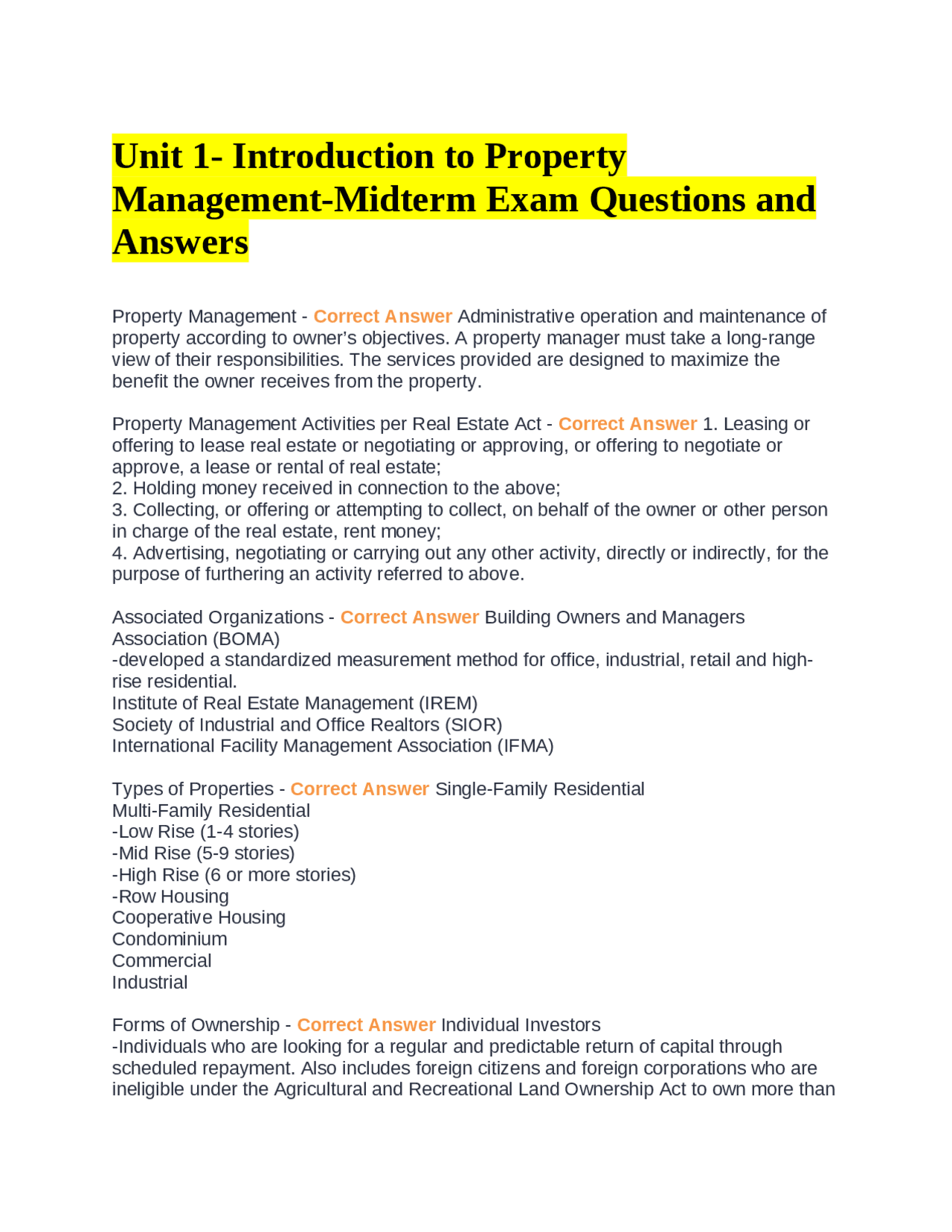 Unit 1- Introduction to Property Management-Midterm Exam Questions and ...