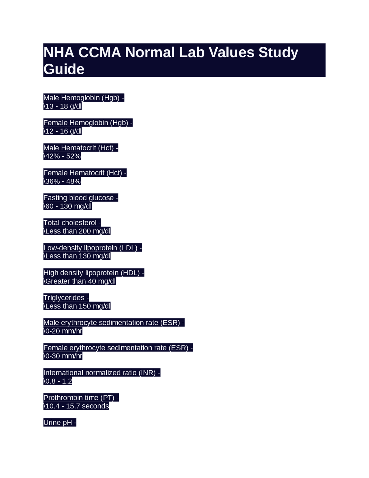 NHA CCMA Normal Lab Values Study Guide | Exams Clinical Medicine | Docsity