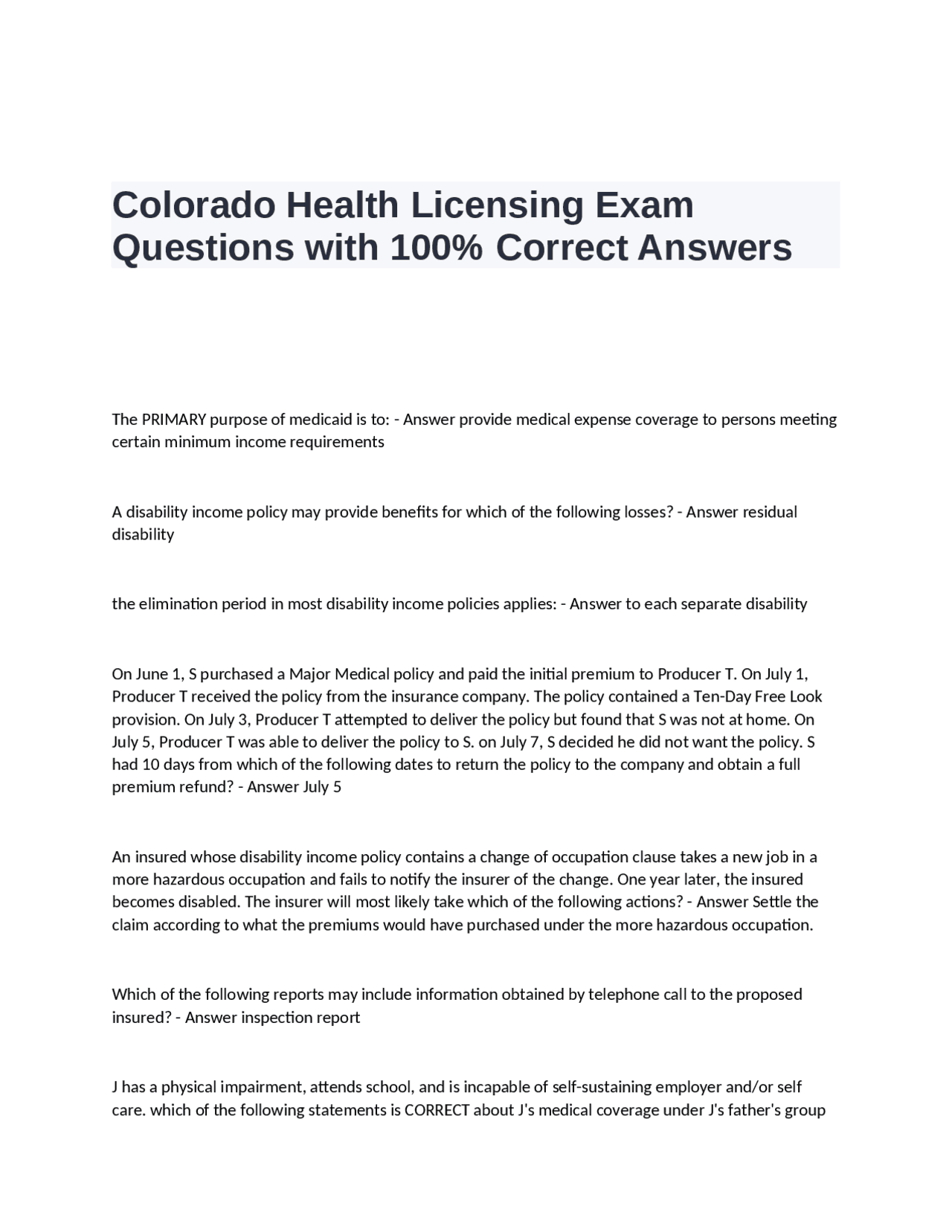 Colorado Health Licensing Exam Questions with 100% Correct Answers ...