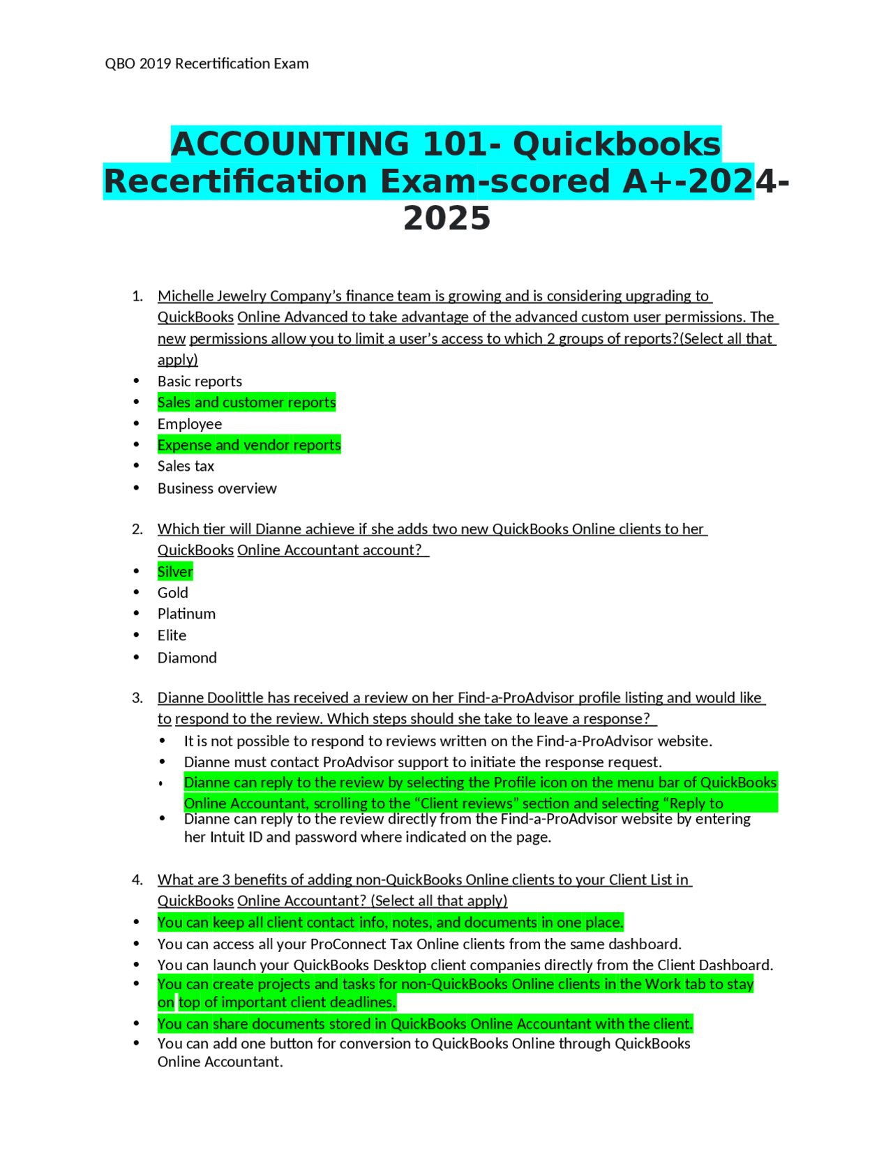 ACCOUNTING 101- Quickbooks Recertification Exam-scored A+-2024-2025 ...