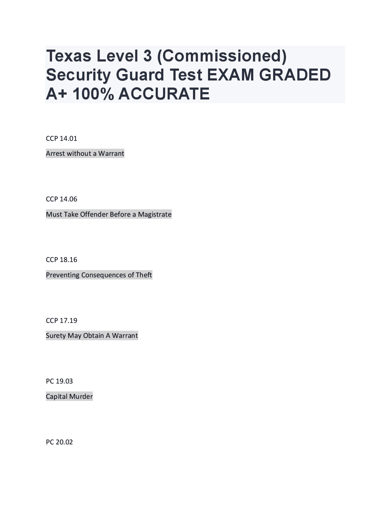 Texas Level 3 (Commissioned) Security Guard Test EXAM GRADED A+ 100% ...