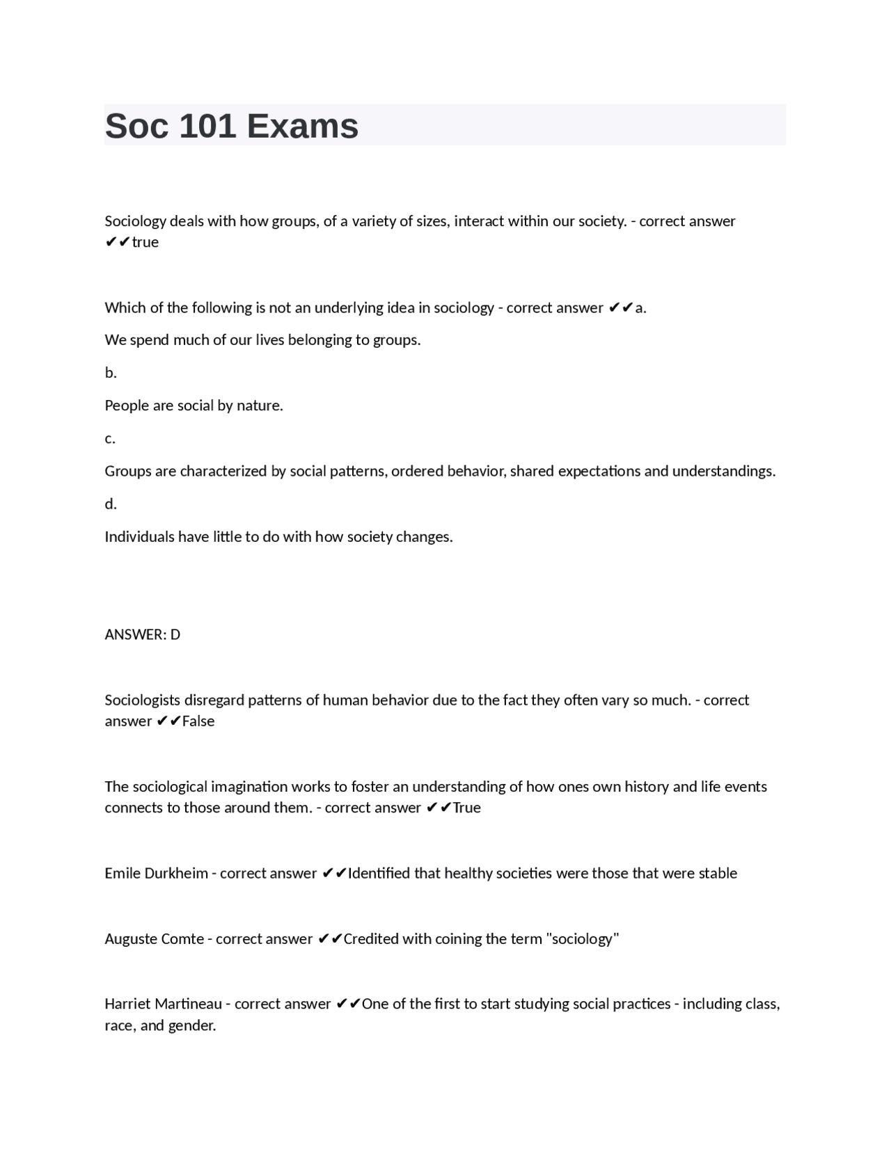 Soc 101 Exams Questions With Correct Answers Graded A Exams Nursing Docsity