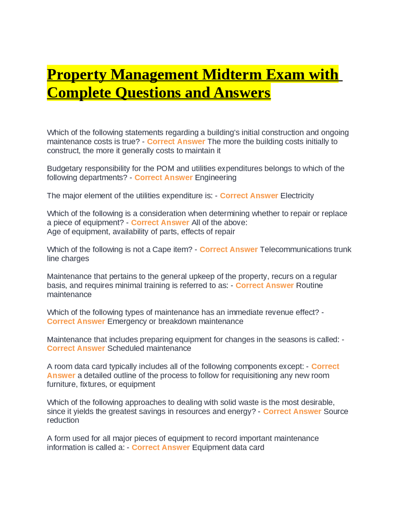 Property Management Midterm Exam with Complete Questions and Answers ...