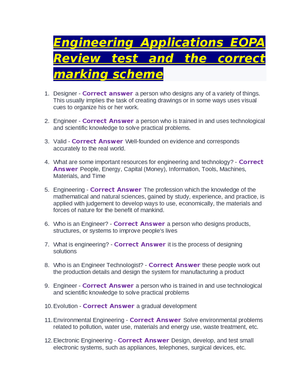 Engineering Applications EOPA Review test and the correct marking ...