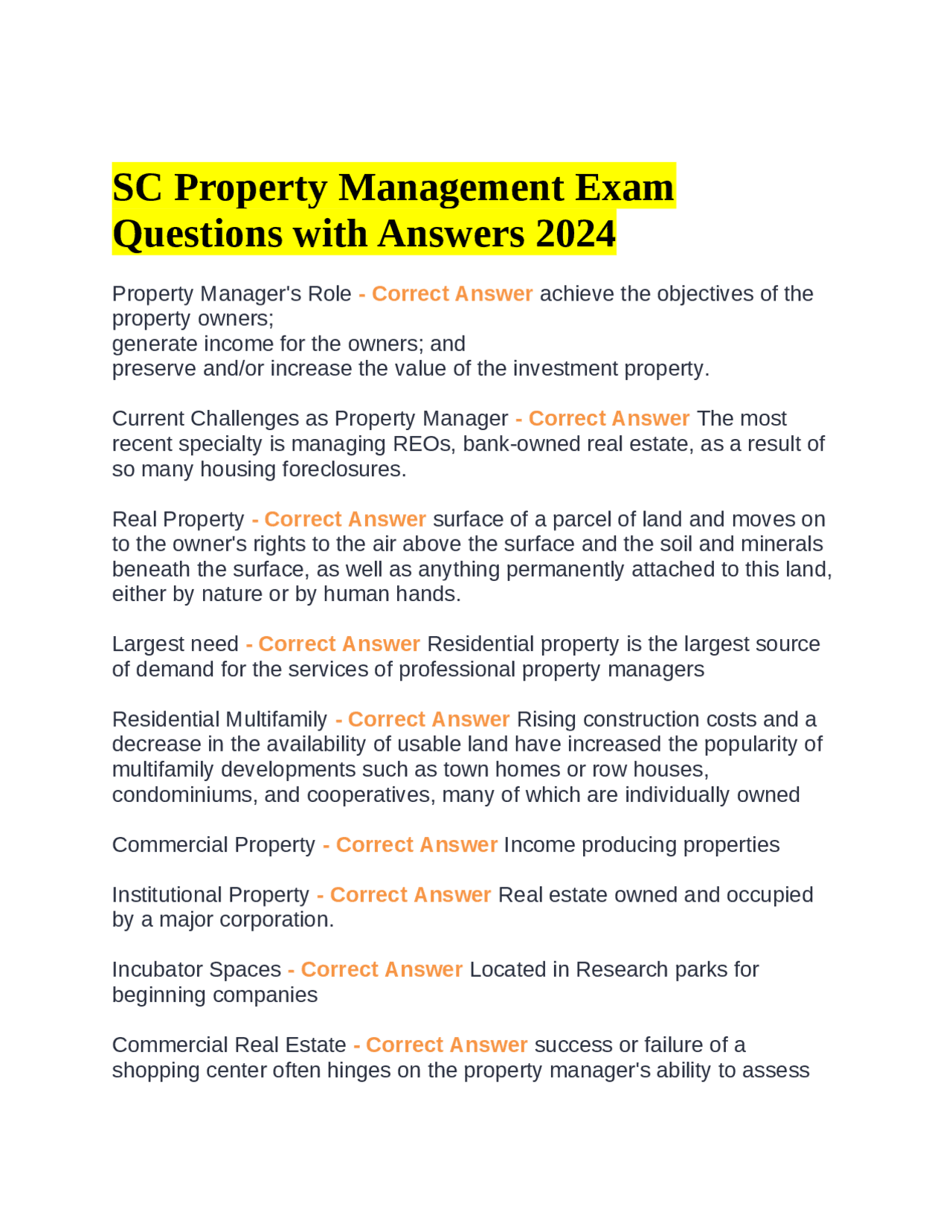 SC Property Management Exam Questions with Answers 2024 | Exams ...