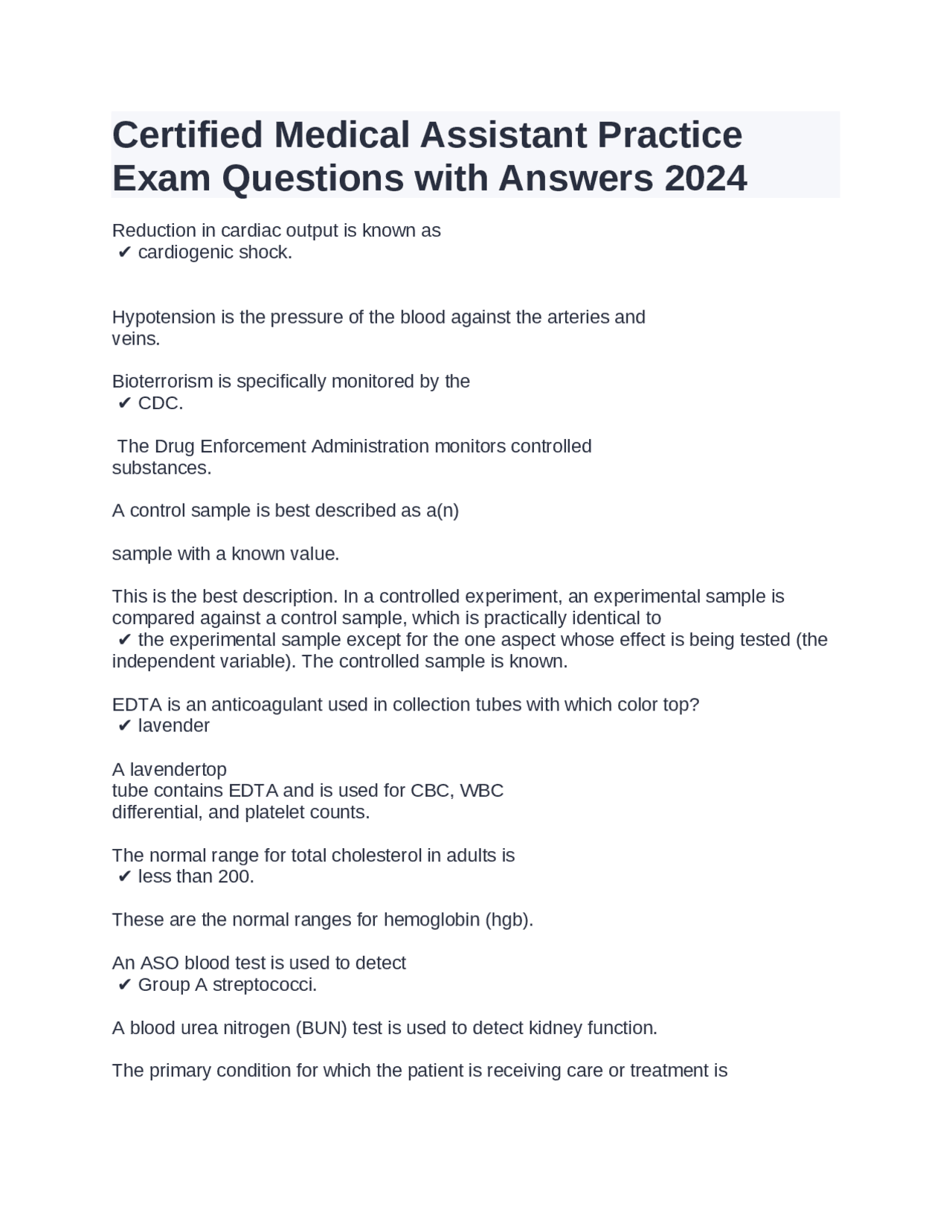 Certified Medical Assistant Practice Exam Questions with Answers 2024 ...