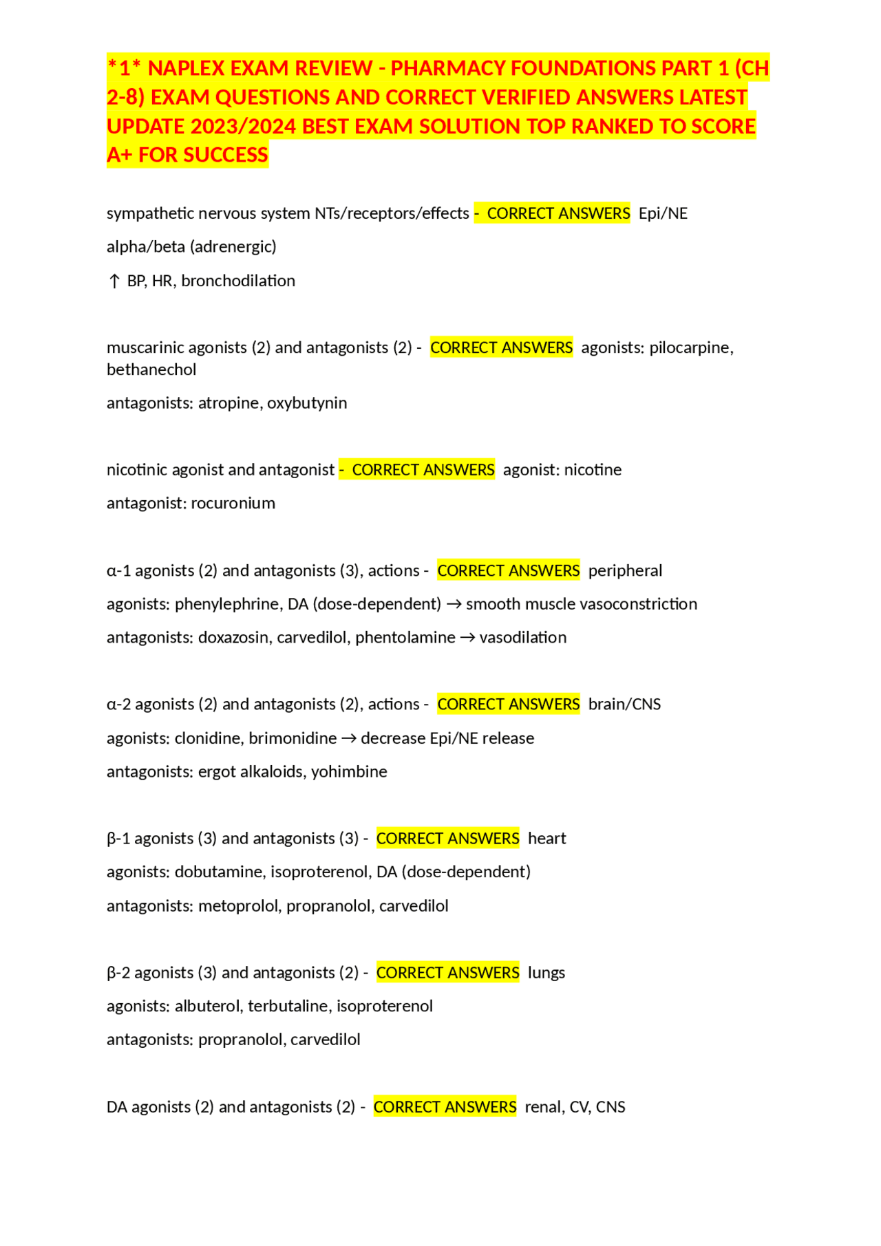 *1* NAPLEX EXAM REVIEW - PHARMACY FOUNDATIONS PART 1 (CH 2-8) EXAM ...