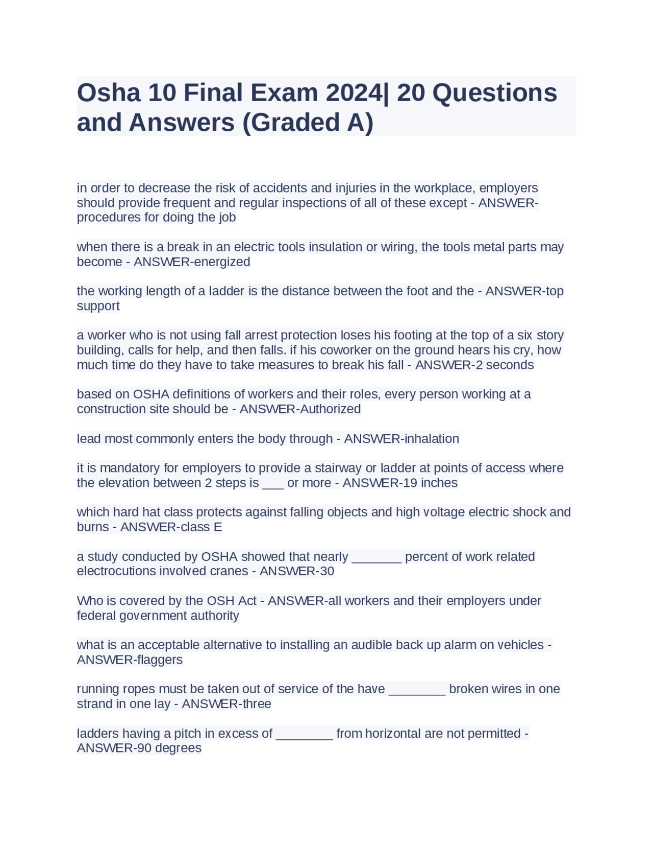 Osha 10 Final Exam 2024| 20 Questions and Answers (Graded A) | Exams ...