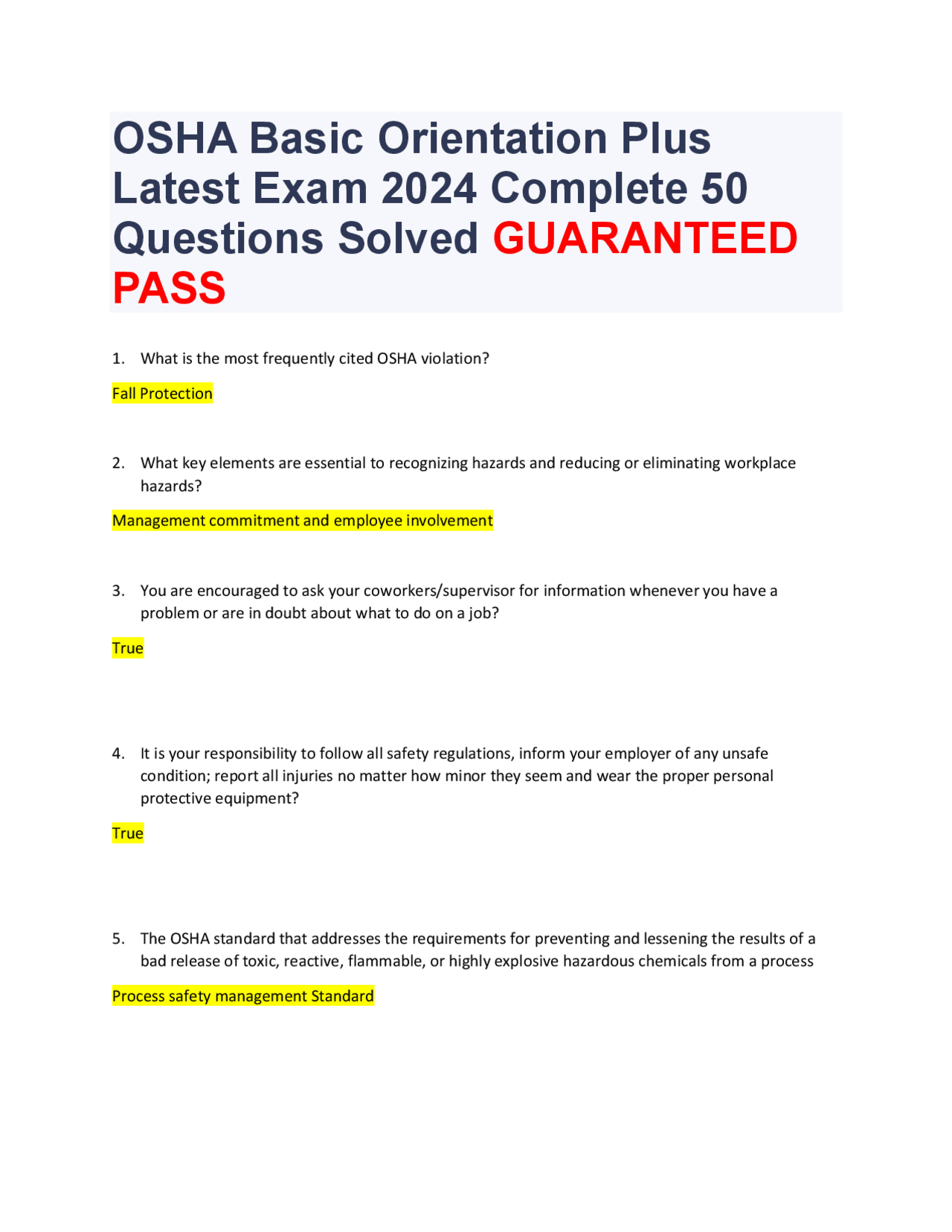 OSHA Basic Orientation Plus Latest Exam 2024 Complete 50 Questions ...