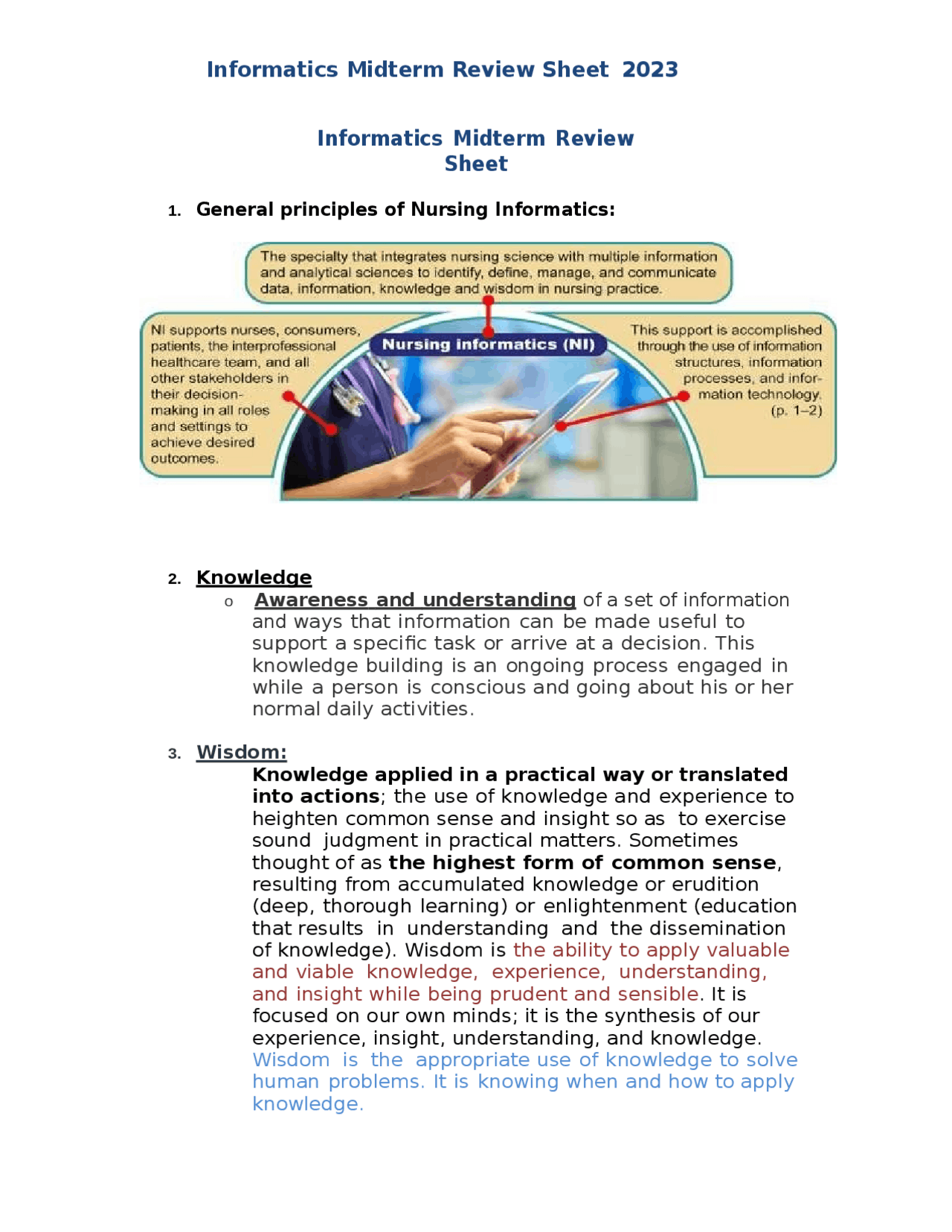 Informatics Midterm Review Sheet 2023 Graded A+.docx | Exams Nursing | Docsity