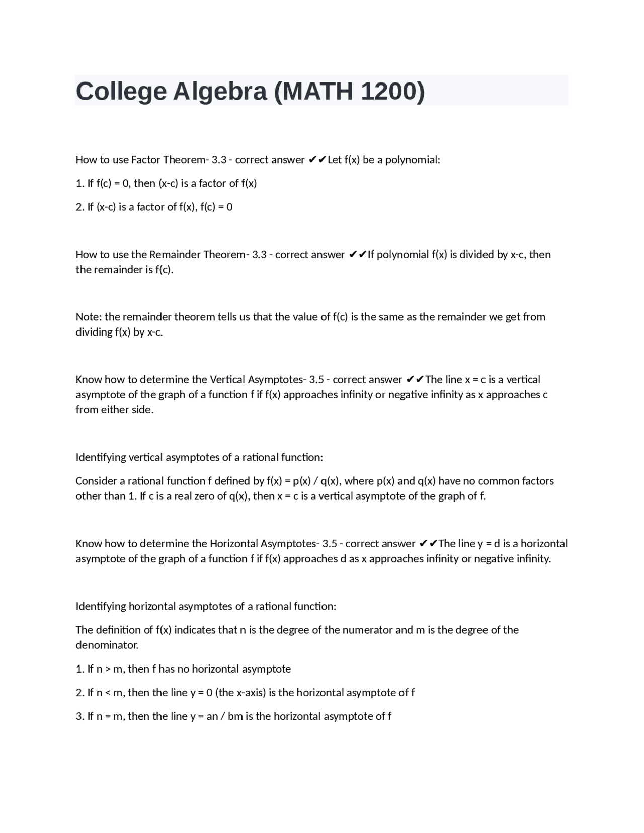 College Algebra (MATH 1200)fully solved graded A+ | Exams Nursing | Docsity