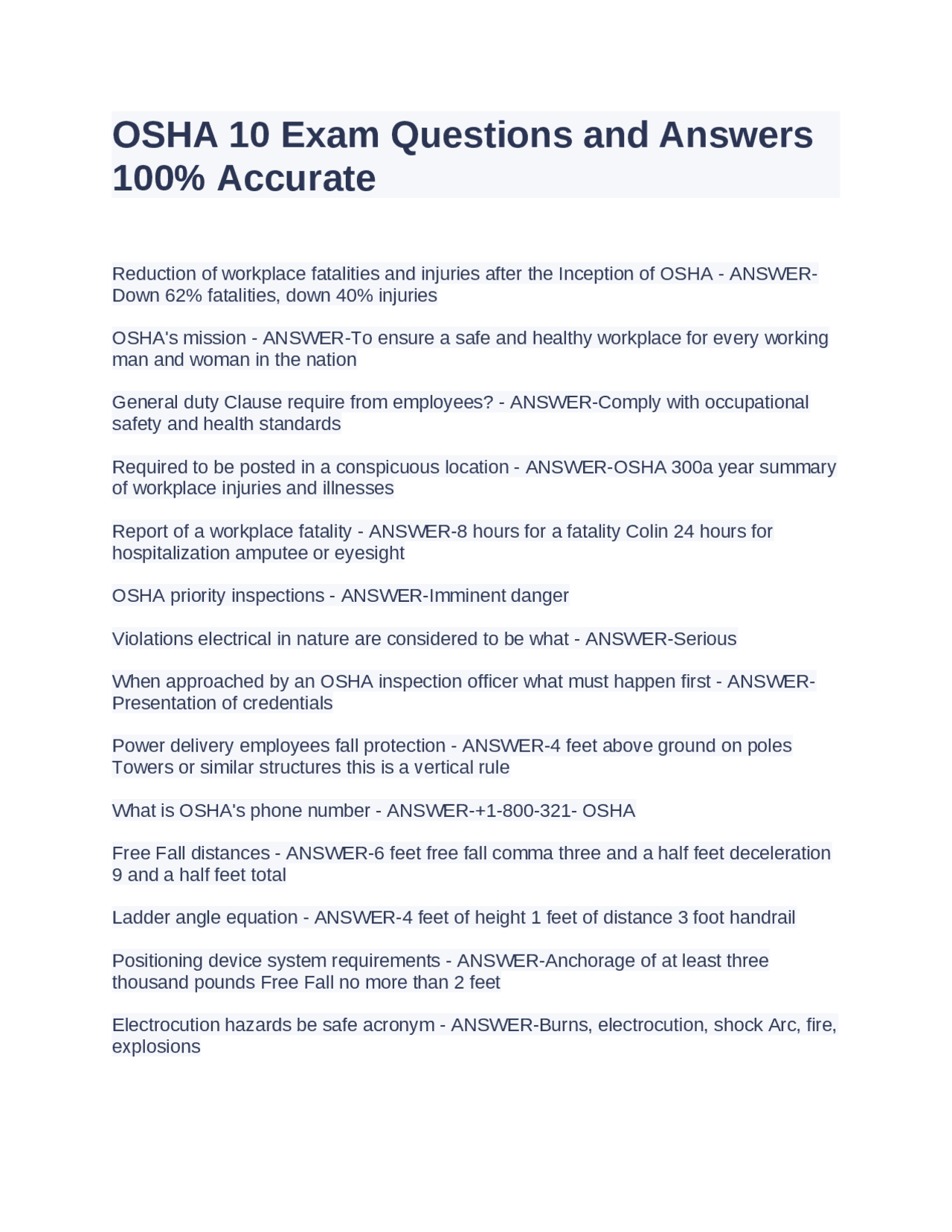 OSHA 10 Exam Questions and Answers 100% Accurate | Exams Workplace ...