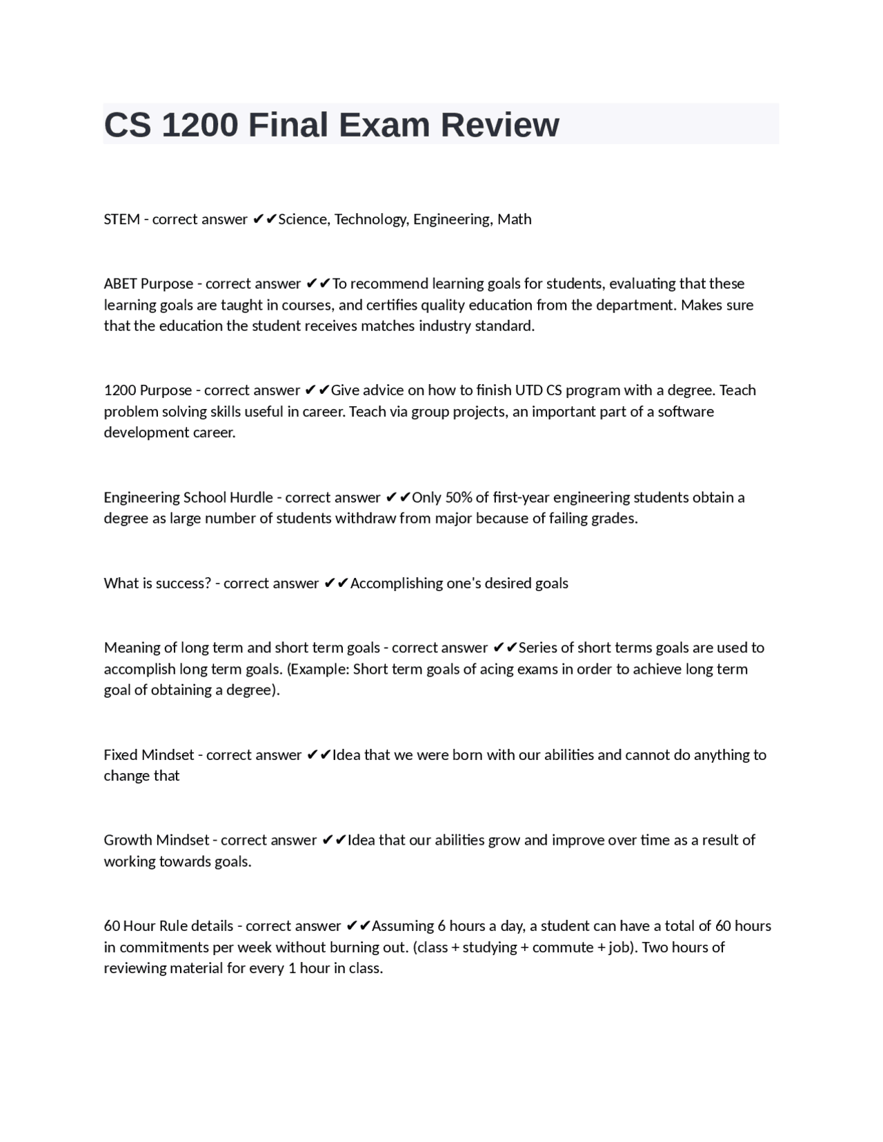 CS 1200 Final Exam Review updated already passed | Exams Nursing | Docsity