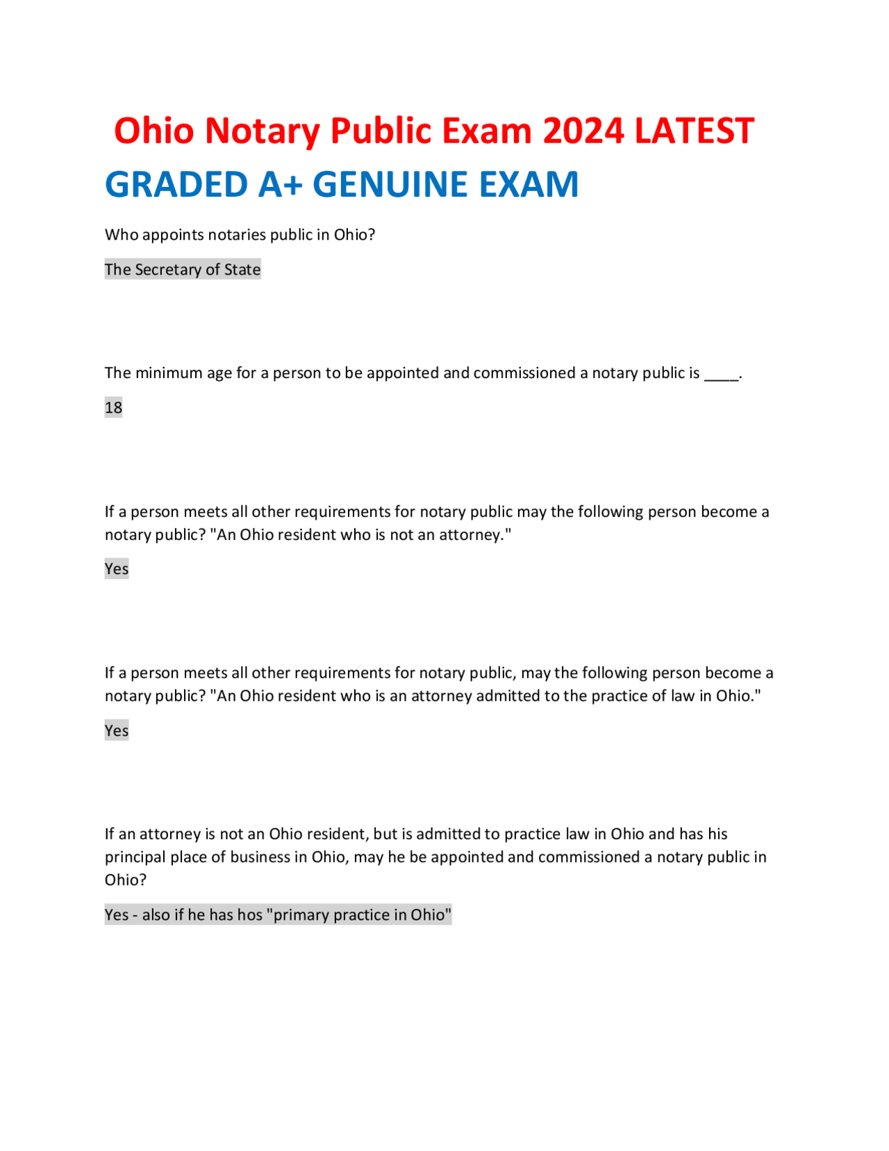 Ohio Notary Public Exam 2024 LATEST GRADED A+ GENUINE EXAM | Exams ...