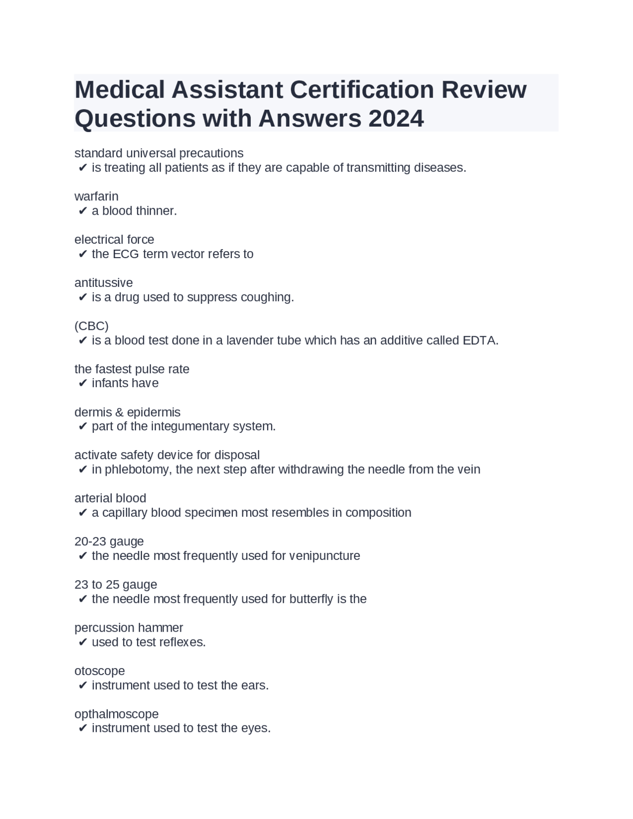 Medical Assistant Certification Review Questions with Answers 2024 ...