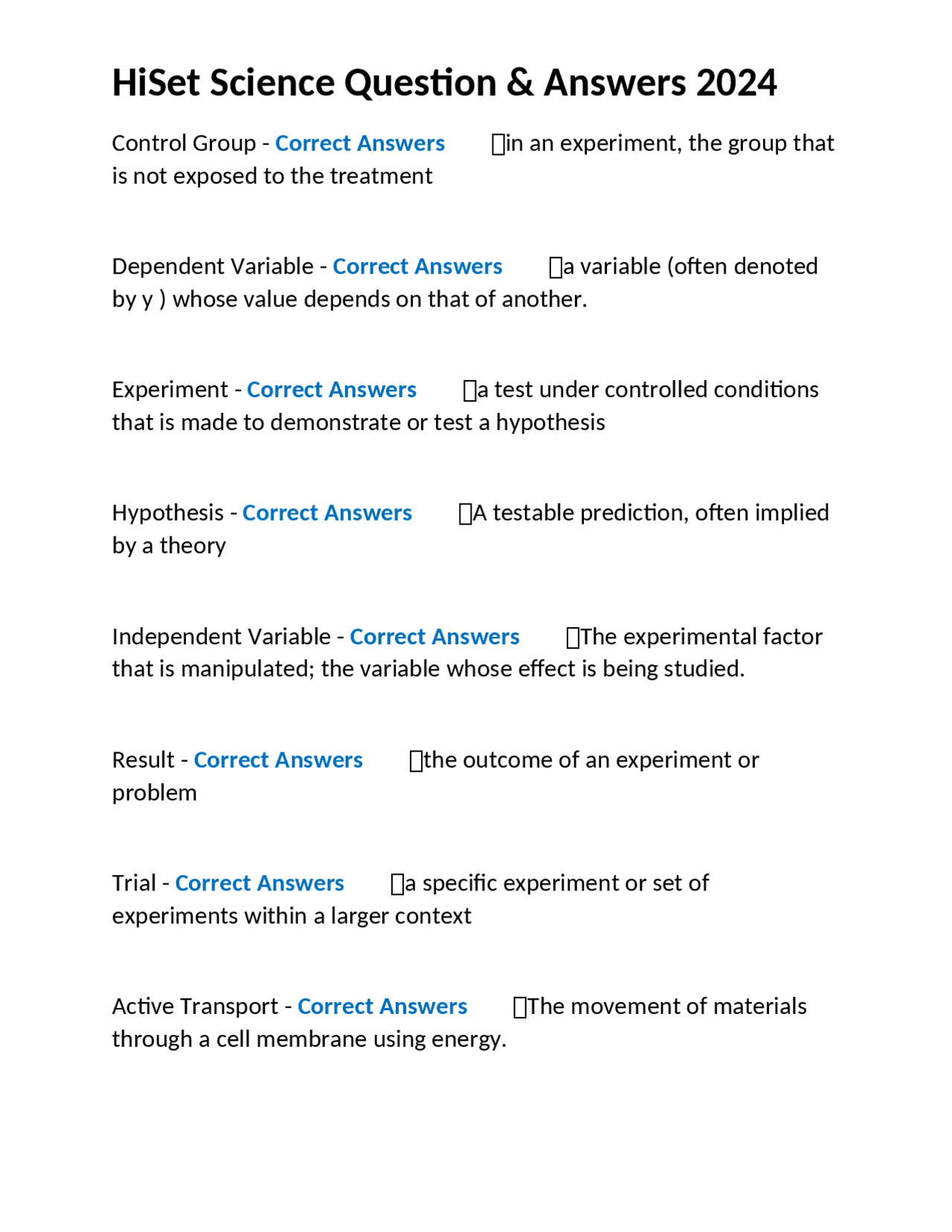 HiSet Science Question & Answers 2024 | Exams Nursing | Docsity