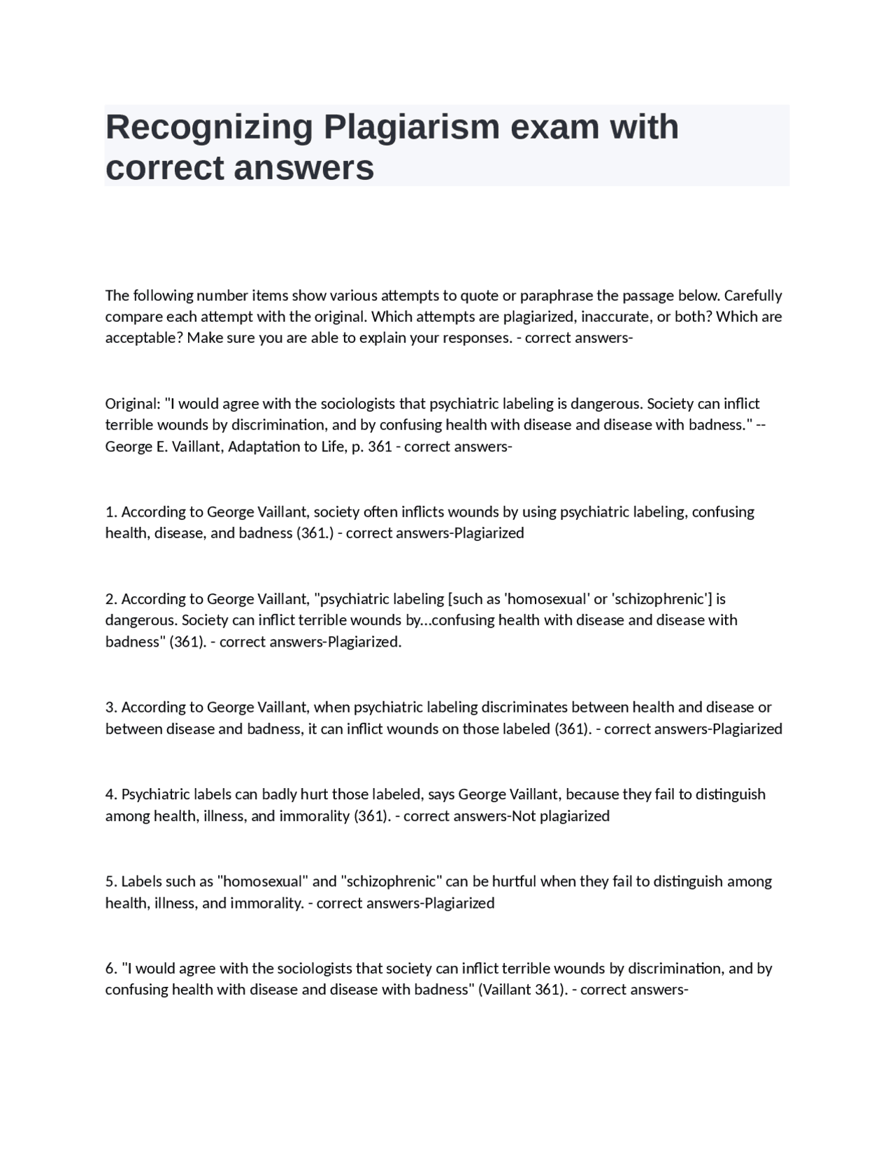 Recognizing Plagiarism exam with correct answers | Exams Nutrition ...