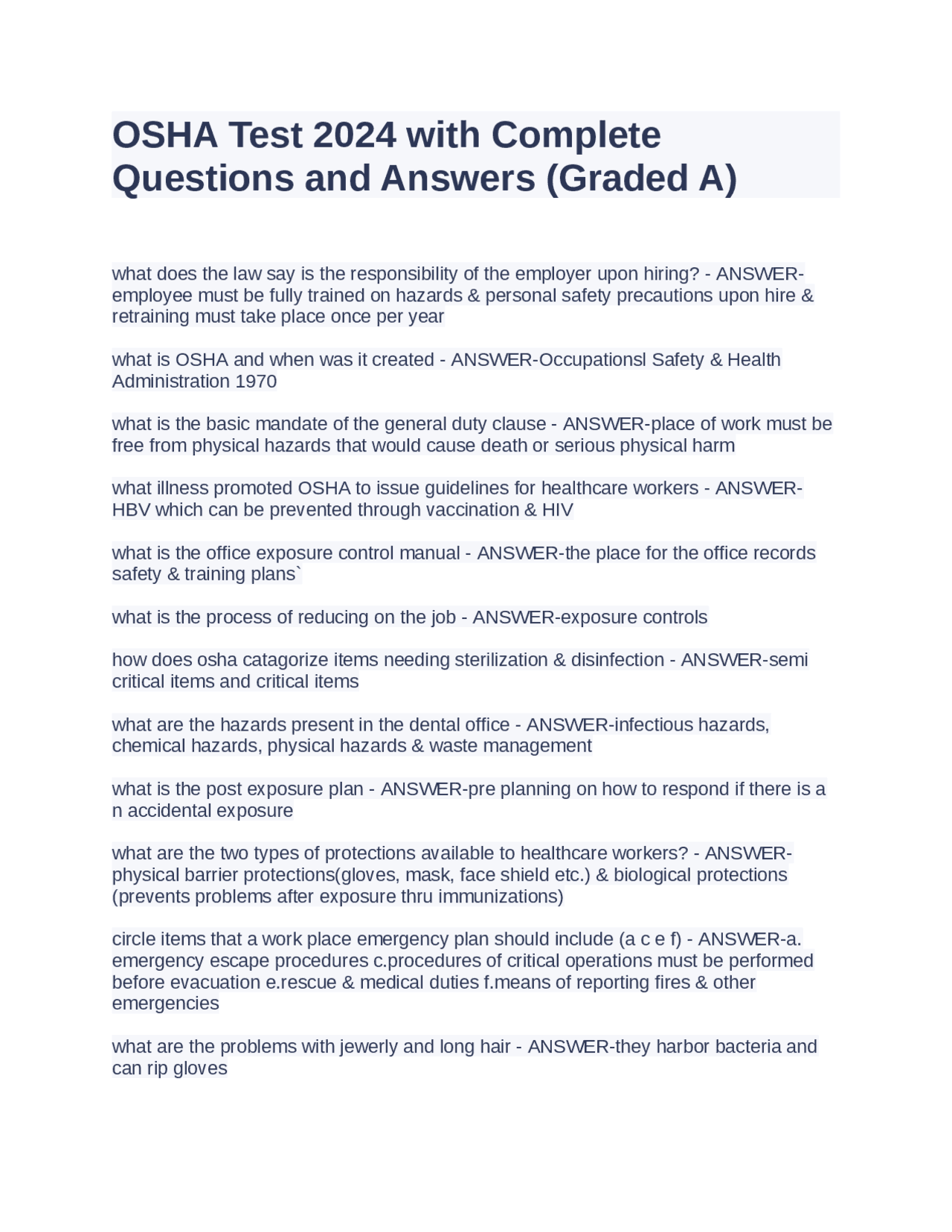 OSHA Test 2024 with Complete Questions and Answers (Graded A) | Exams ...