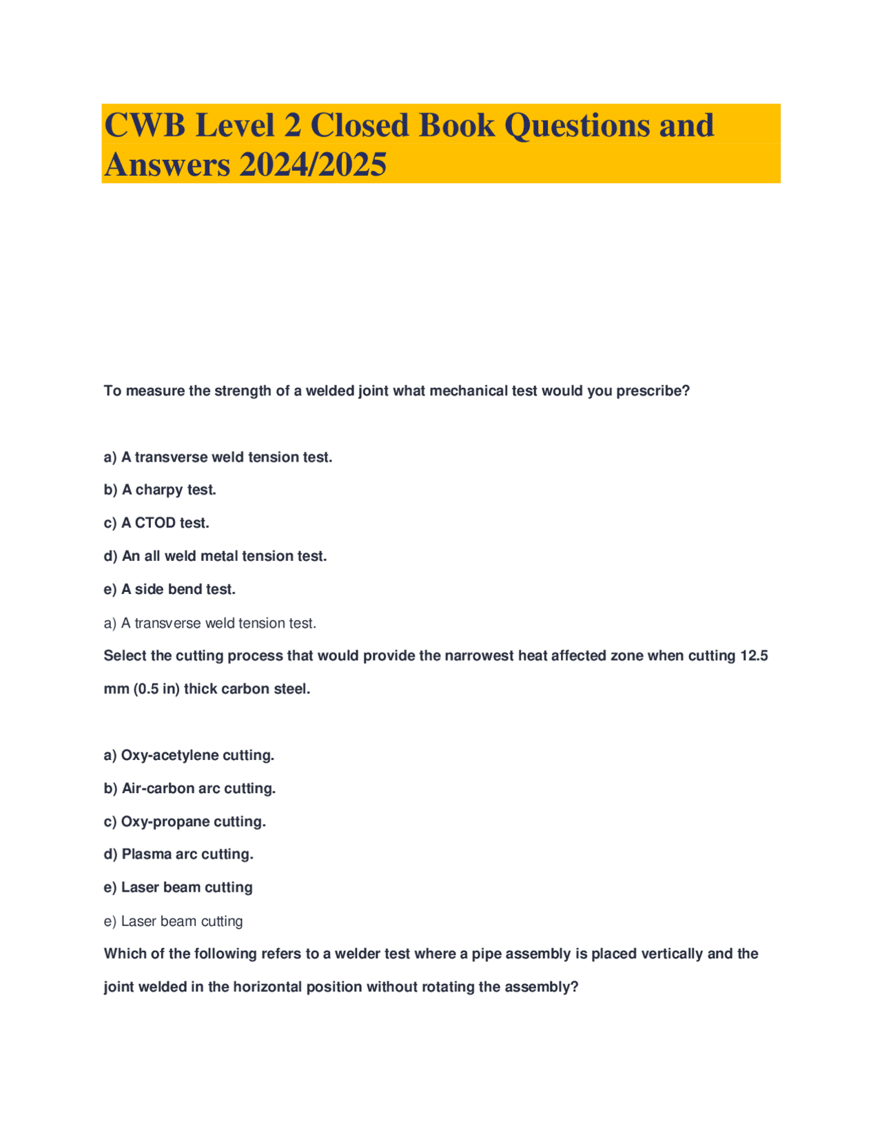 CWB Level 2 Closed Book Questions and Answers 2024/2025 | Exams ...