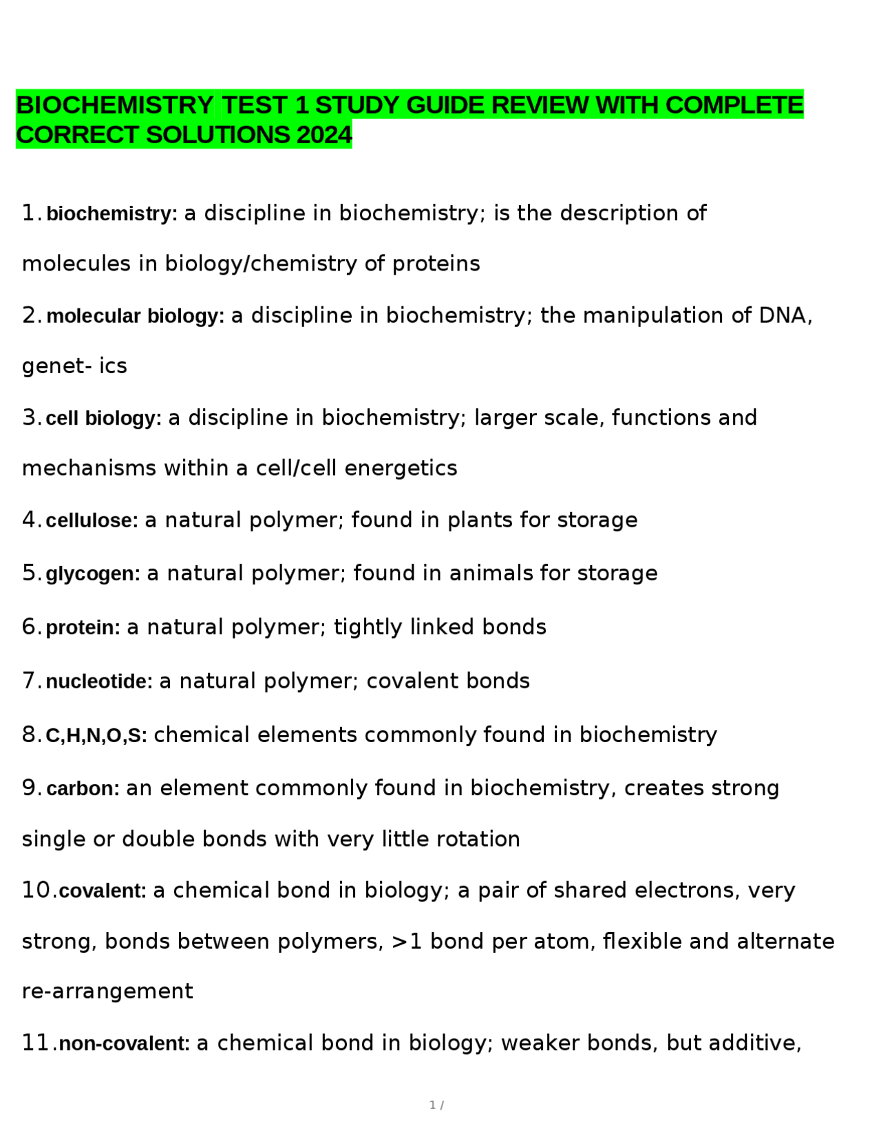 BIOCHEMISTRY TEST 1 STUDY GUIDE REVIEW WITH COMPLETE CORRECT SOLUTIONS ...