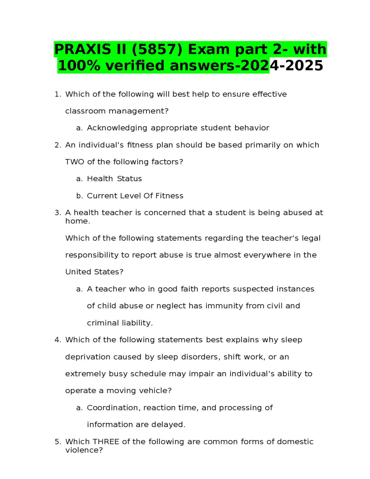 PRAXIS II (5857) Exam part 2- with 100% verified answers-2024-2025 ...