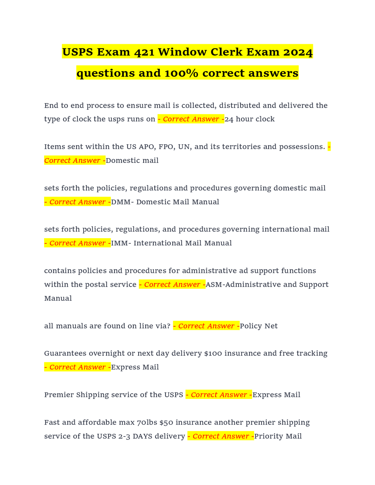 Usps Exam 421 Window Clerk Exam 2024 Questions And 100 Correct Answers Exams Nursing Docsity 