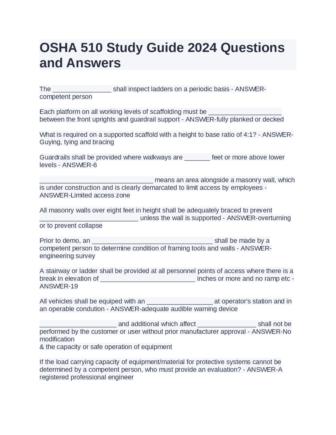 OSHA 510 Study Guide 2024 Questions and Answers | Exams Workplace ...