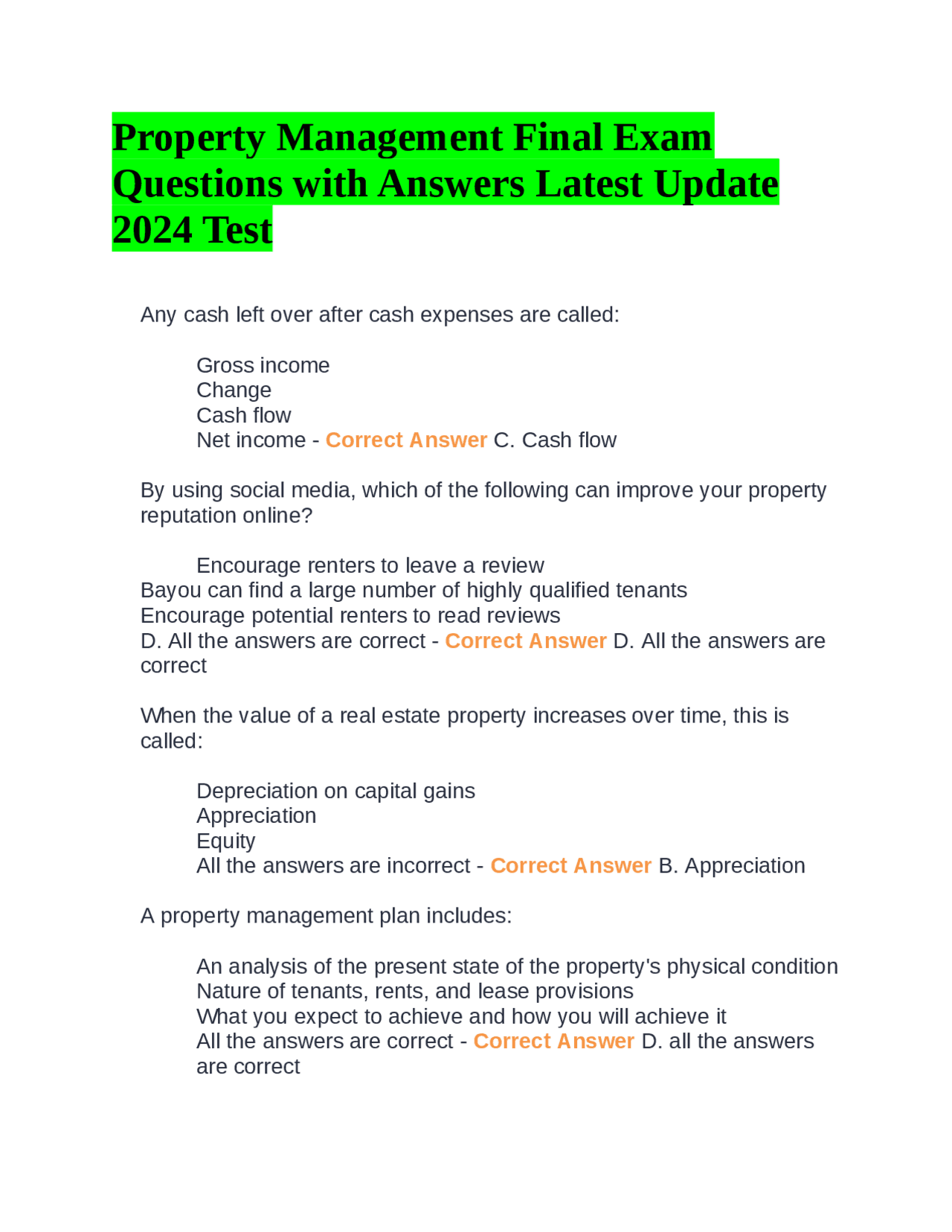 Property Management Final Exam Questions with Answers Latest Update ...