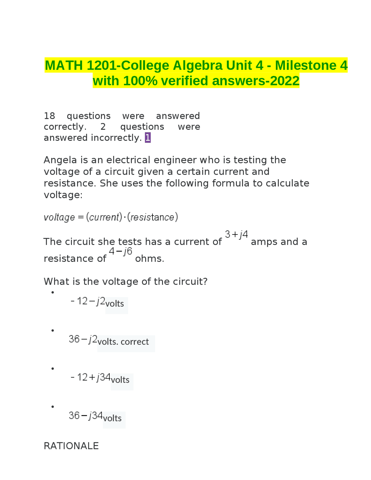 MATH 1201-College Algebra Unit 4 - Milestone 4 with 100% verified ...