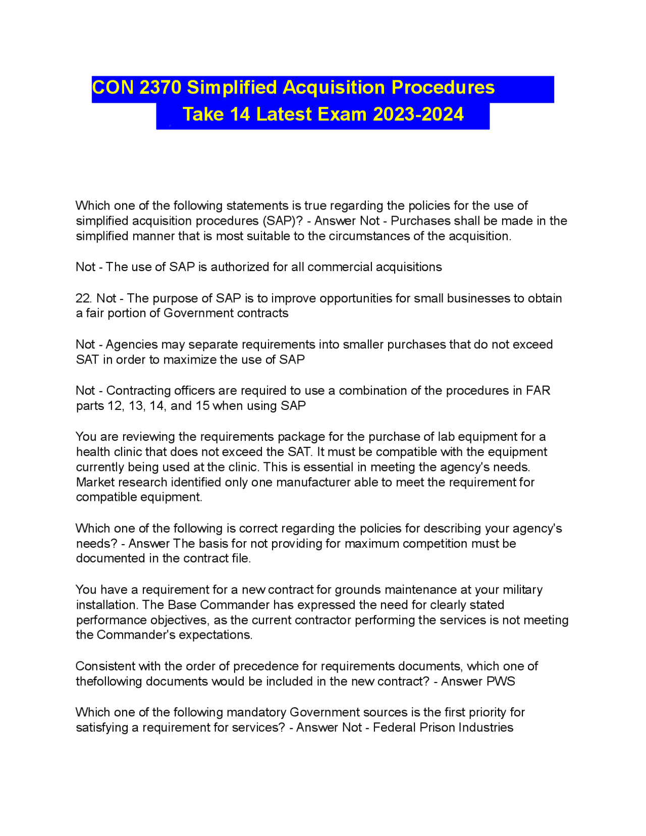 CON 2370 Simplified Acquisition Procedures Take 14 A+ Graded 2023-2024 ...