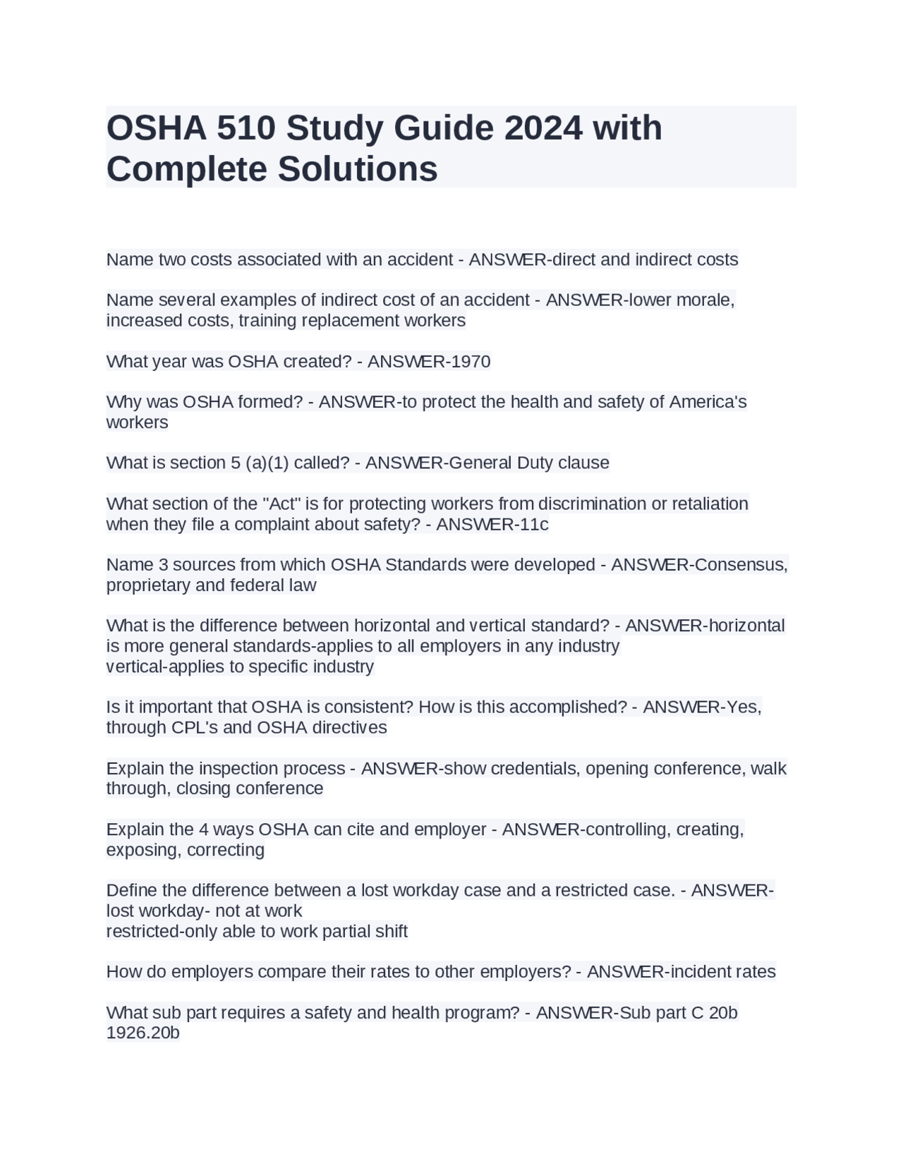 OSHA 510 Study Guide 2024 with Complete Solutions | Exams Workplace ...